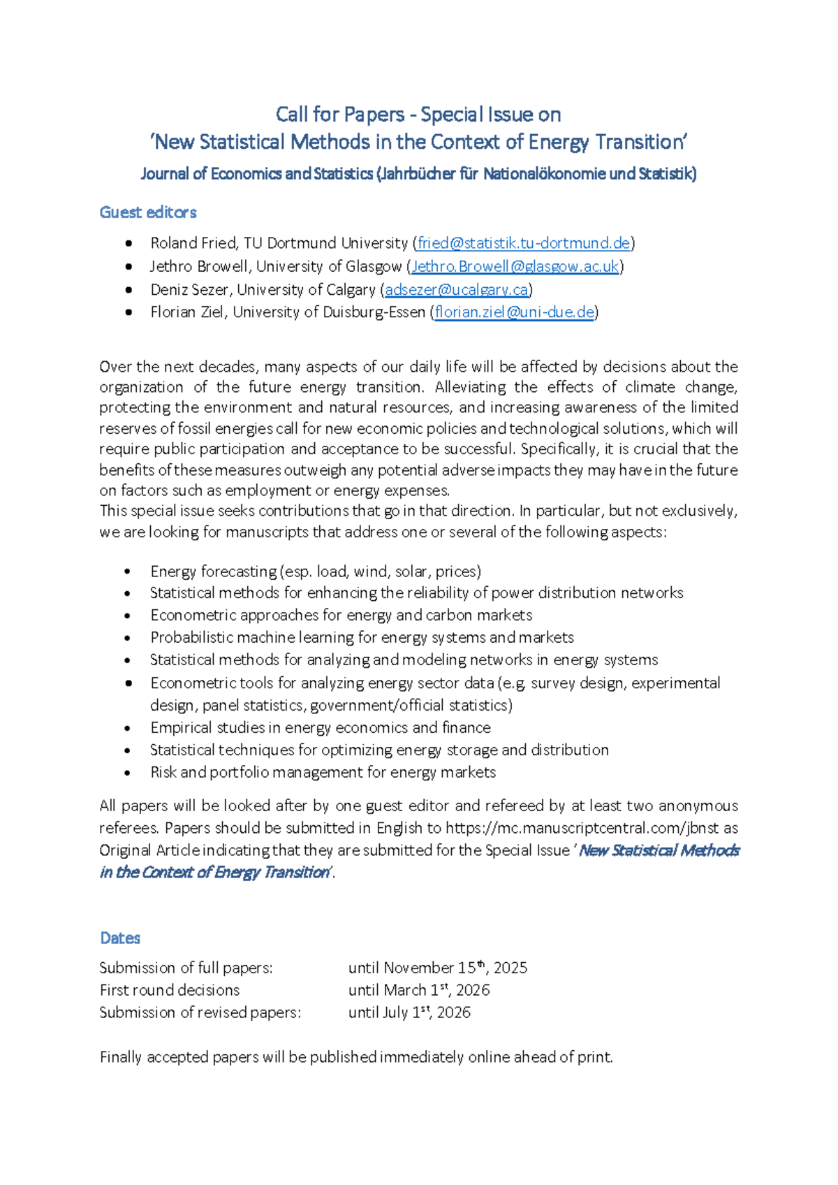 Call for Papers: Special Issue on Statistical Methods in Energy (SMET ...