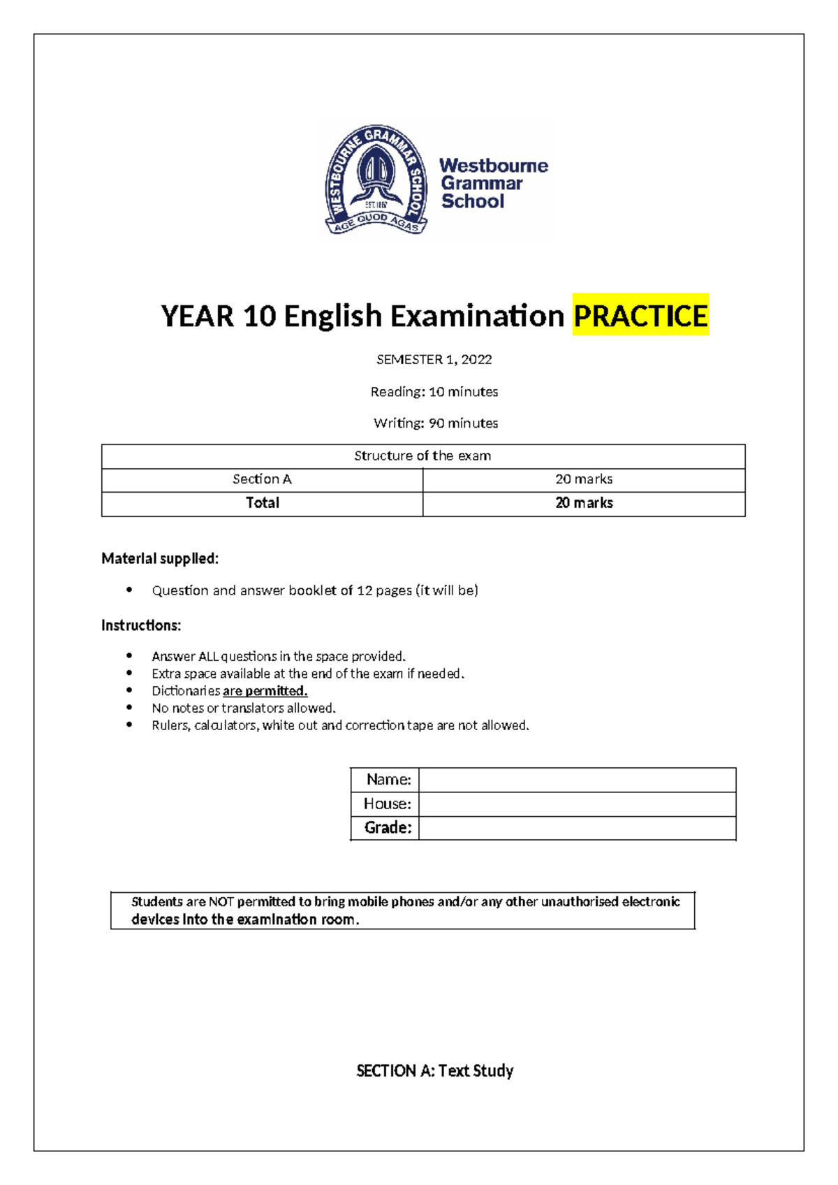 Year 10 English Semester 1 Practice Exam 2022: Essay and Instructions ...