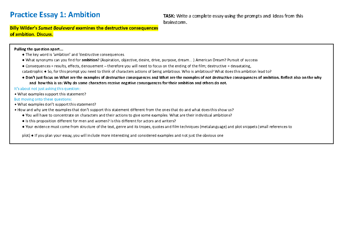 Essay Plan: Exploring Ambition in Sunset Boulevard (ENG 101) - Studocu