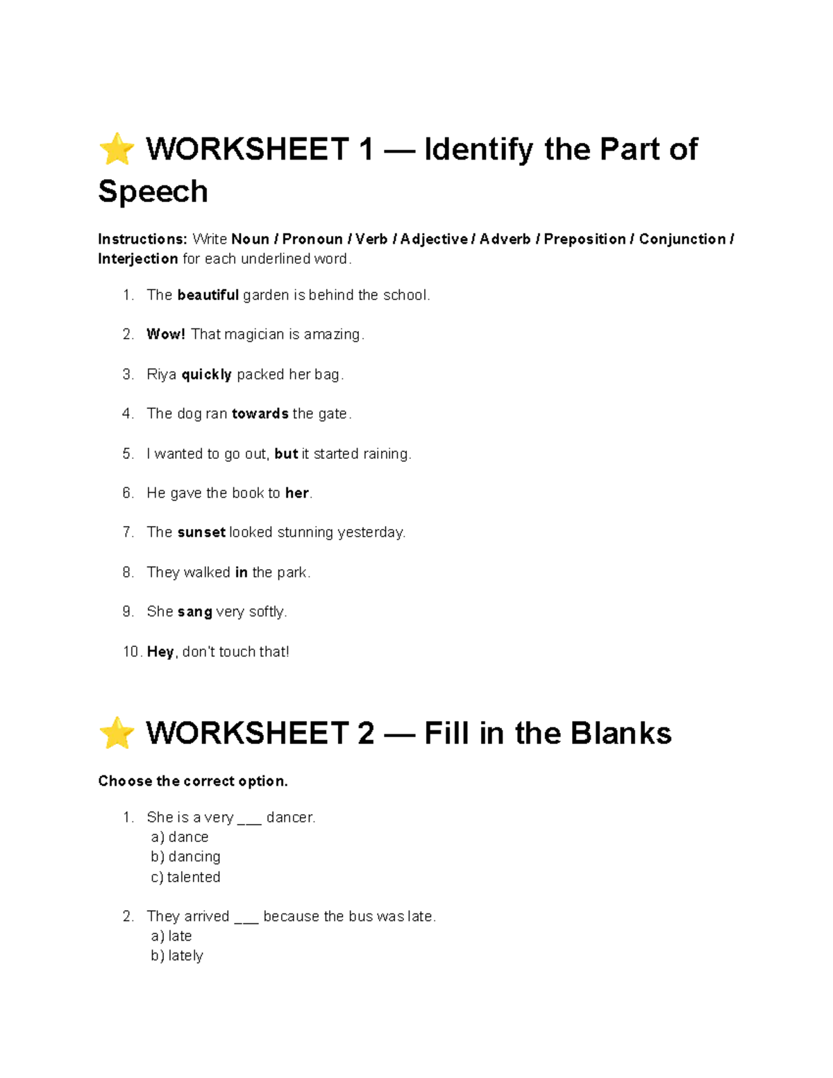 Worksheets - Part of Speech Activities for Grammar Mastery - Studocu