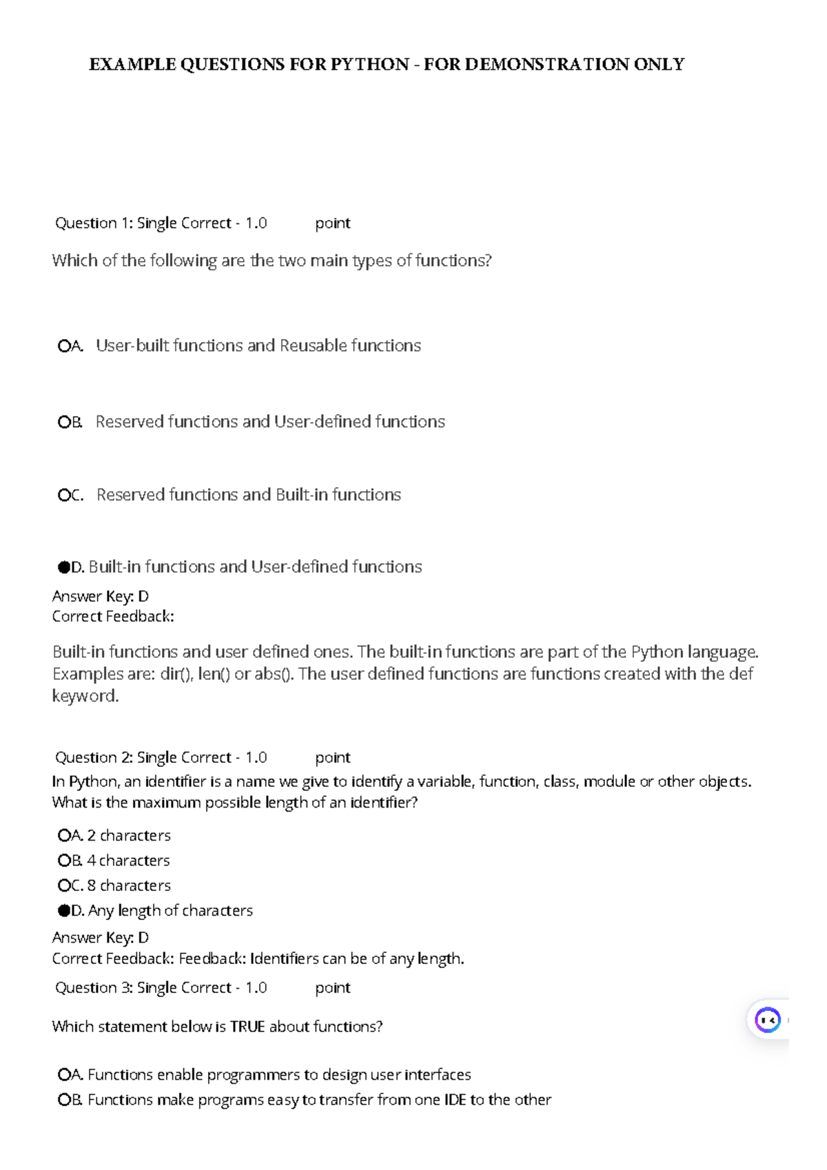 Mock Exam Python Examples - EXAMPLE QUESTIONS FOR PYTHON - FOR ...
