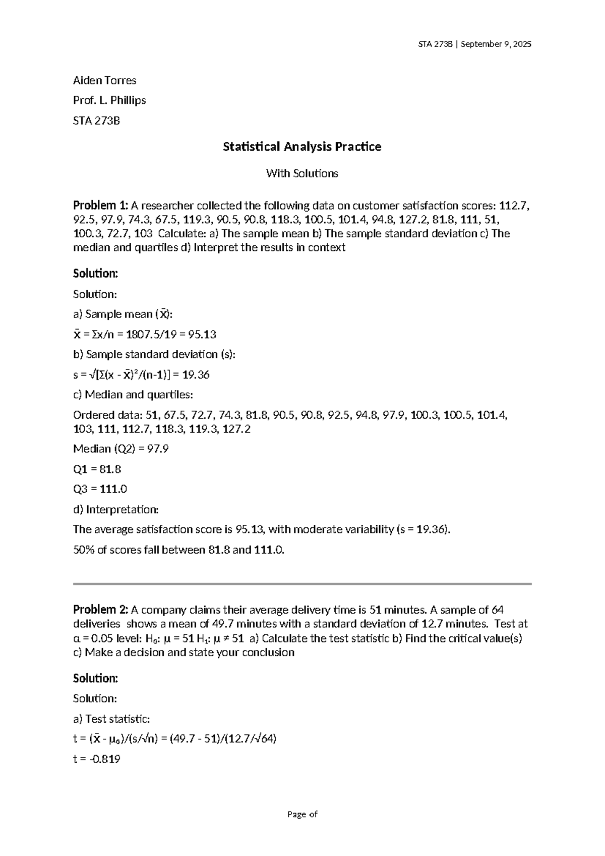STA 273B Statistical Analysis Practice Problems with Solutions - Studocu