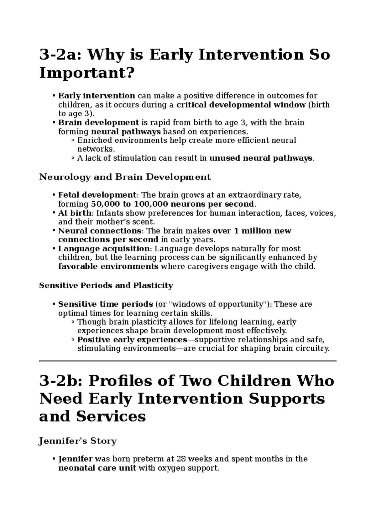 Early Intervention Notes: Brain Development & Case Profiles - Studocu