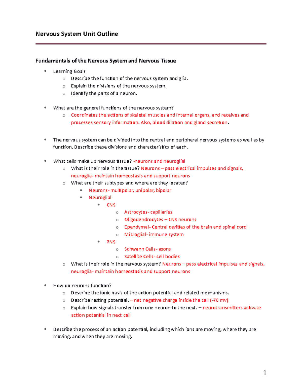 Nervous System Unit Outline Review for Exam 1 (Weeks 1-3) - Studocu