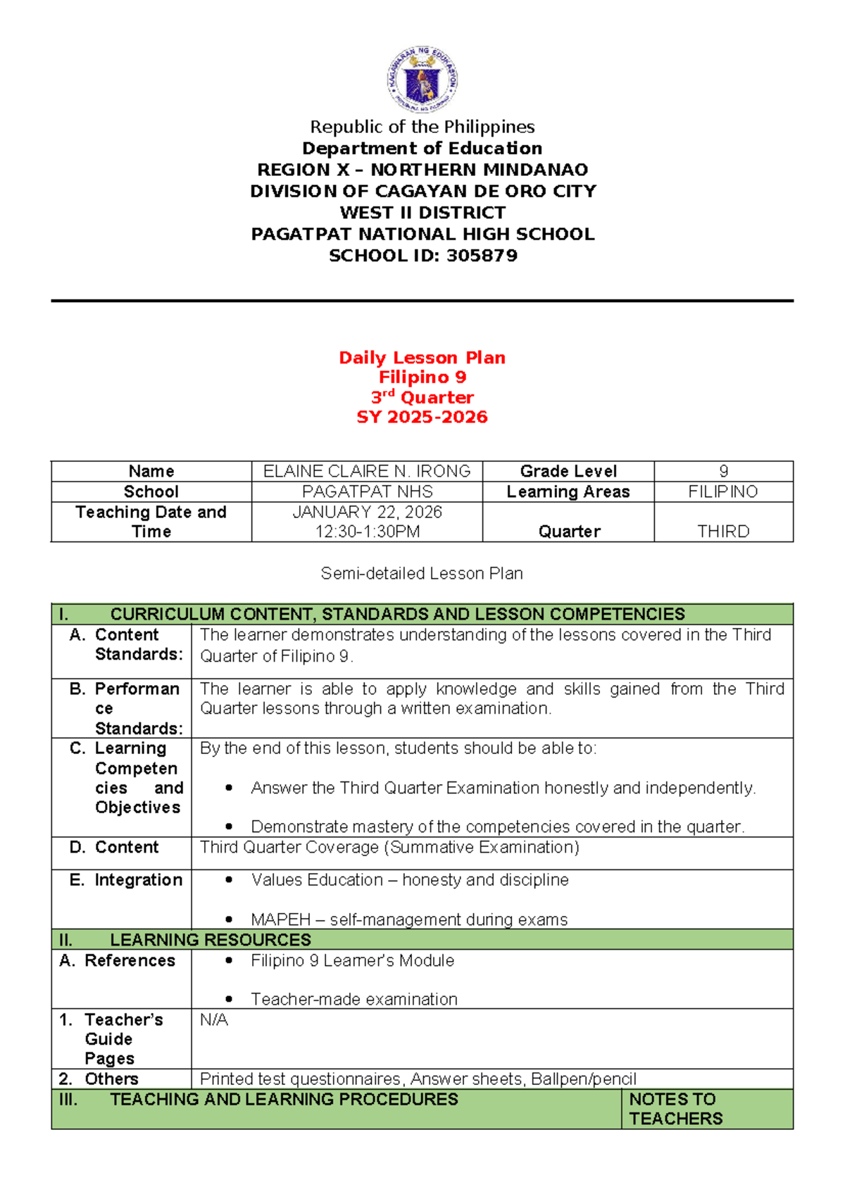 Daily Lesson Plan for Filipino 9 - 3rd Quarter Exam (SY 2026) - Studocu