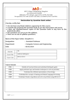 AIML 1ST YEAR syllabus(PE) - Semester: Introduction to AI & ML (MVJXXXX ...