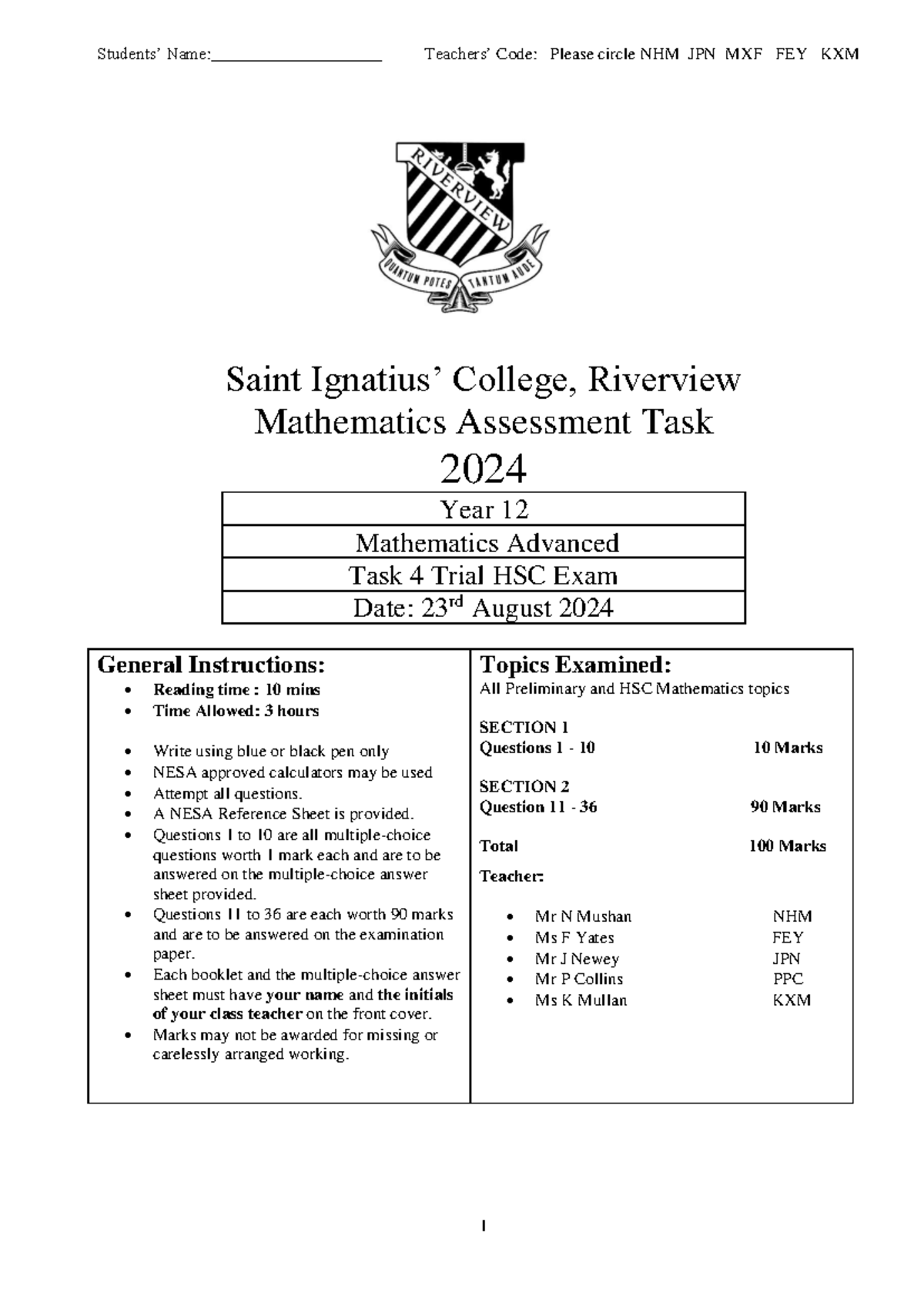 2024 NHM JPN MXF FEY KXM Year 12 Mathematics Advanced Trial Exam - Studocu