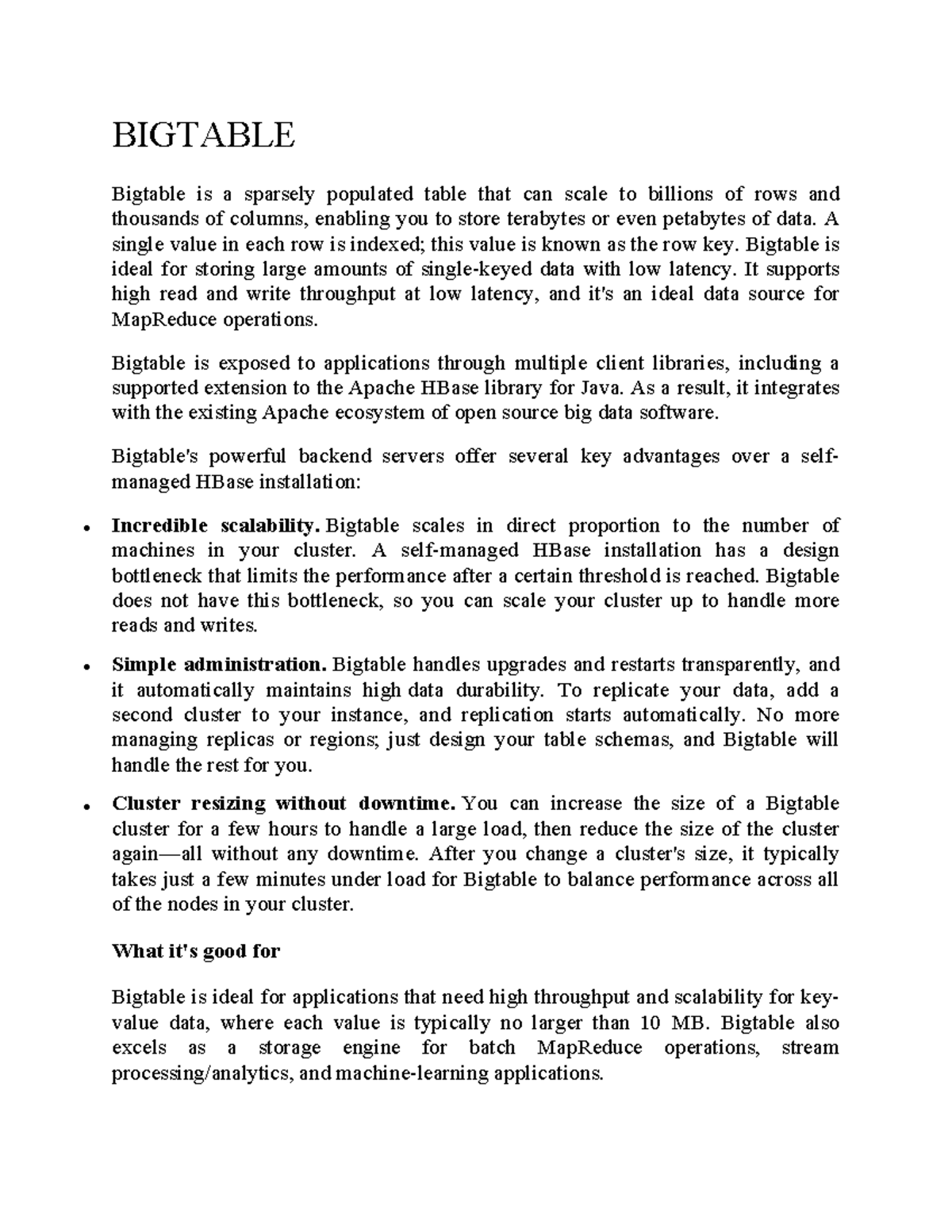 Bigtable - Comprehensive Overview and Key Features - Studocu