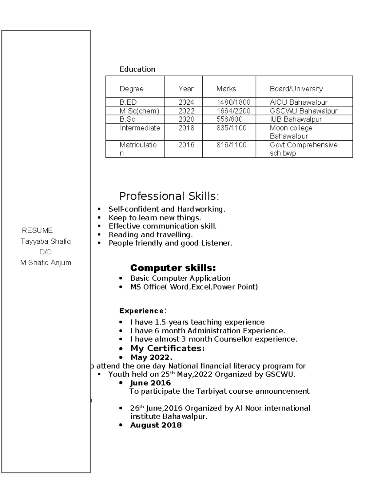 Resume of Tayyaba Shafiq: B.ED, M.Sc(chem) & Teaching Experience - Studocu