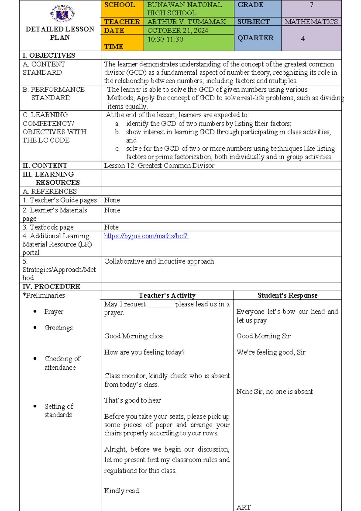 Grade 7 Math Lesson Plan: Understanding the GCD (Quarter 4) - Studocu