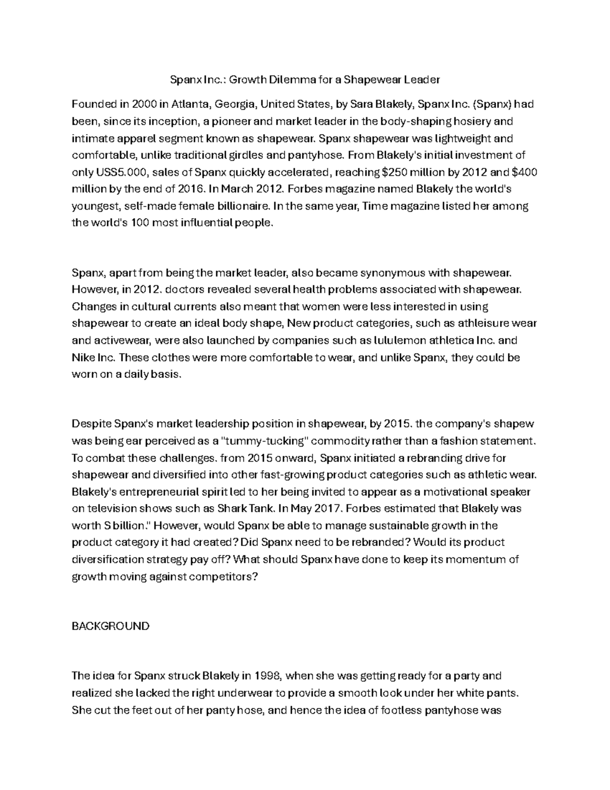 Spanx Inc. Case Study: Navigating Growth Challenges in Shapewear - Studocu