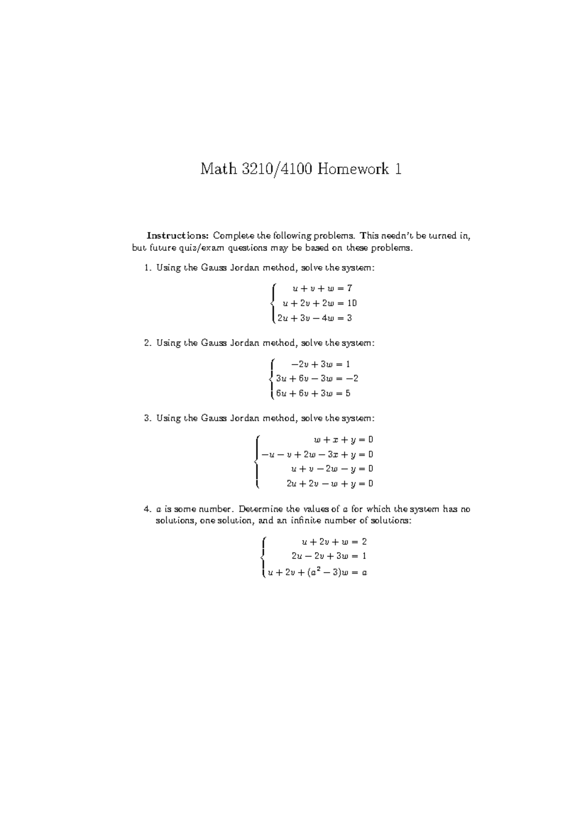 Math 101 Homework 1: Gauss Jordan Method Problems - Studocu