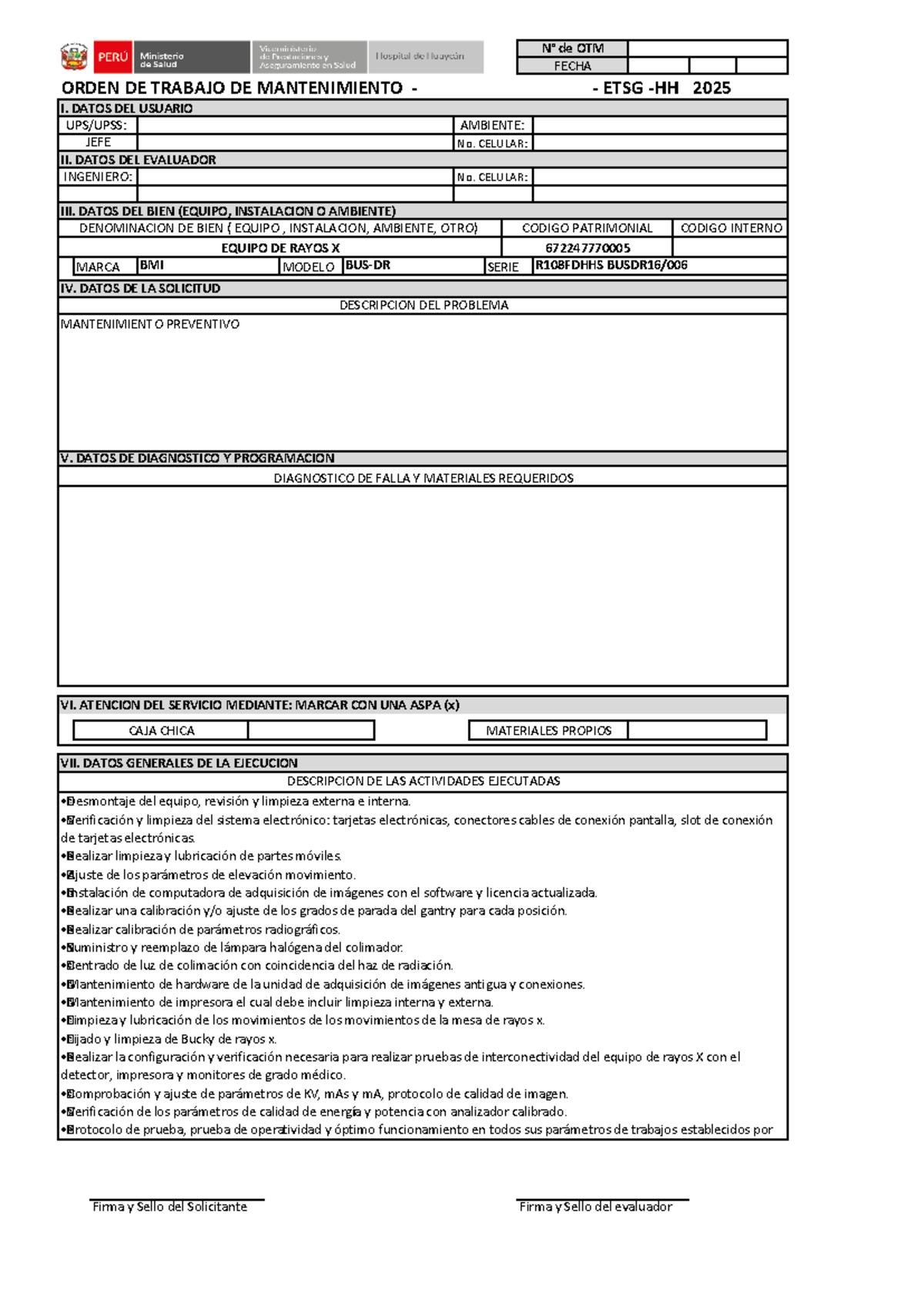 OTM Mantenimiento Preventivo Equipo de Rayos X - Hosp Huaycán - Studocu