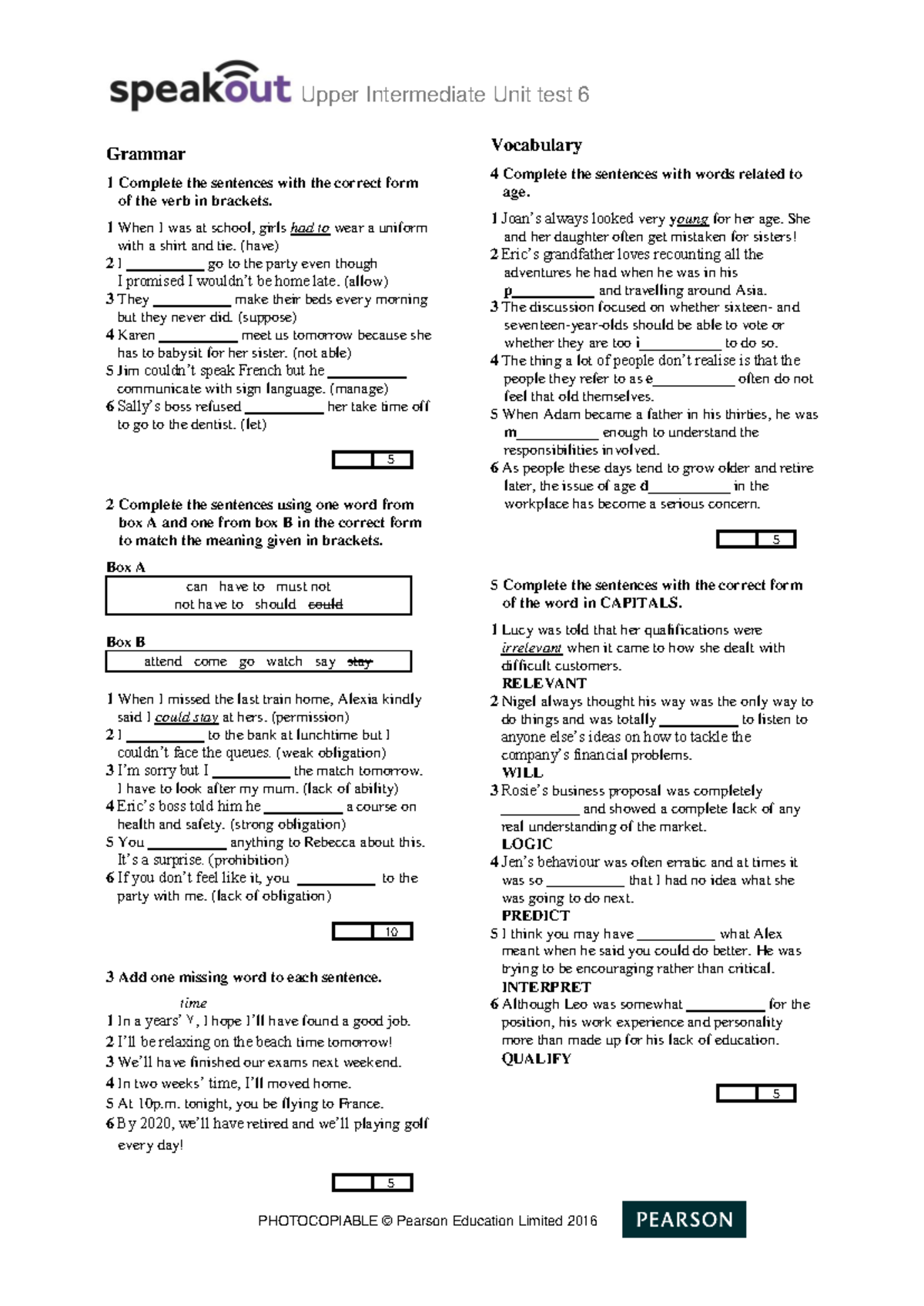 Unit Test 6 - SPEAKOUT Upper-Intermediate Assessment Guide - Studocu