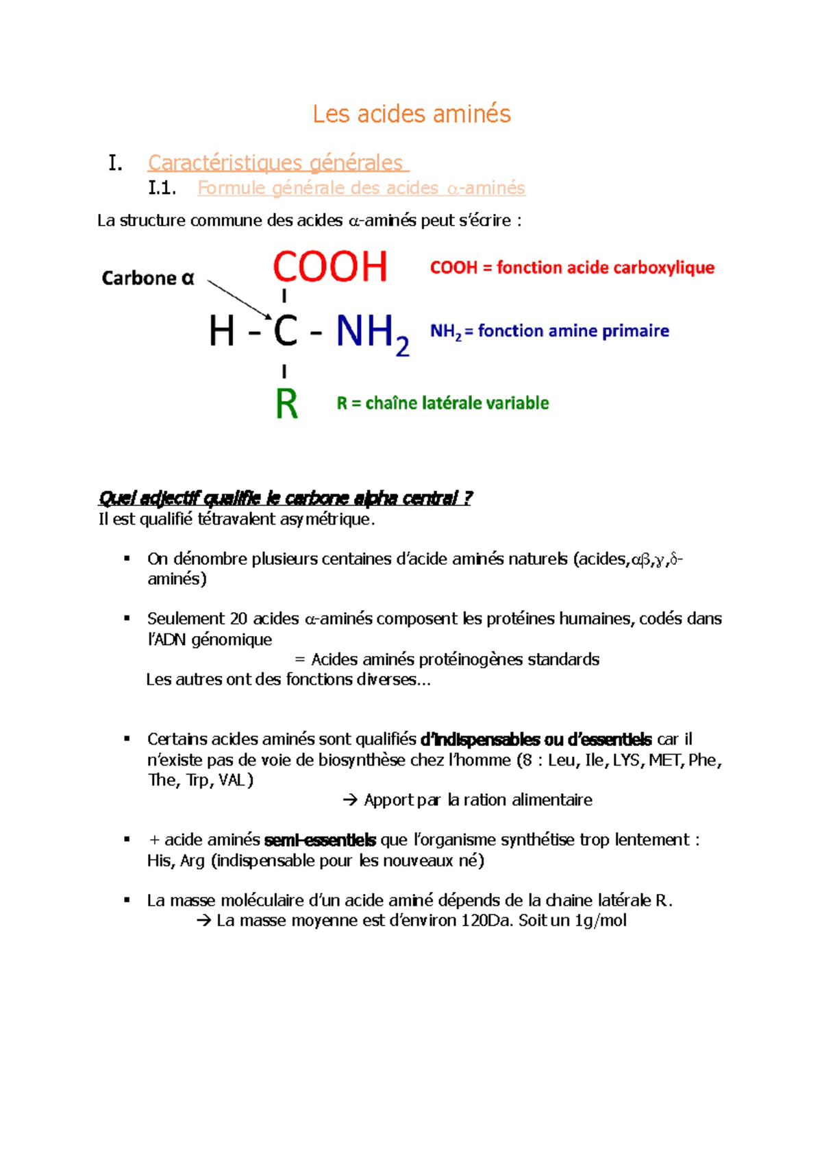 Les acides aminés - Caractéristiques générales I. Formule générale des ...