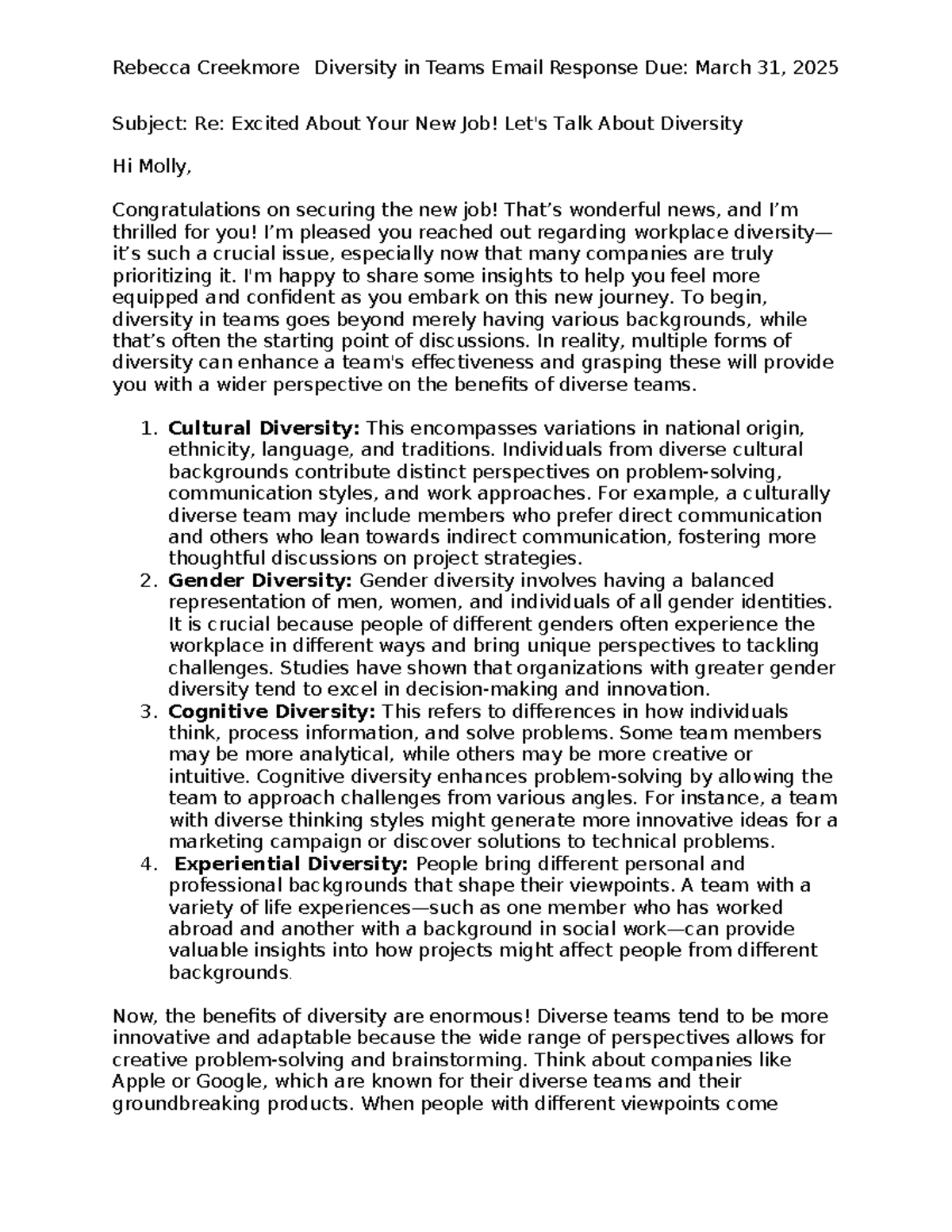 WK2 Summative Assessment - Insights on Diversity in Teams Email ...