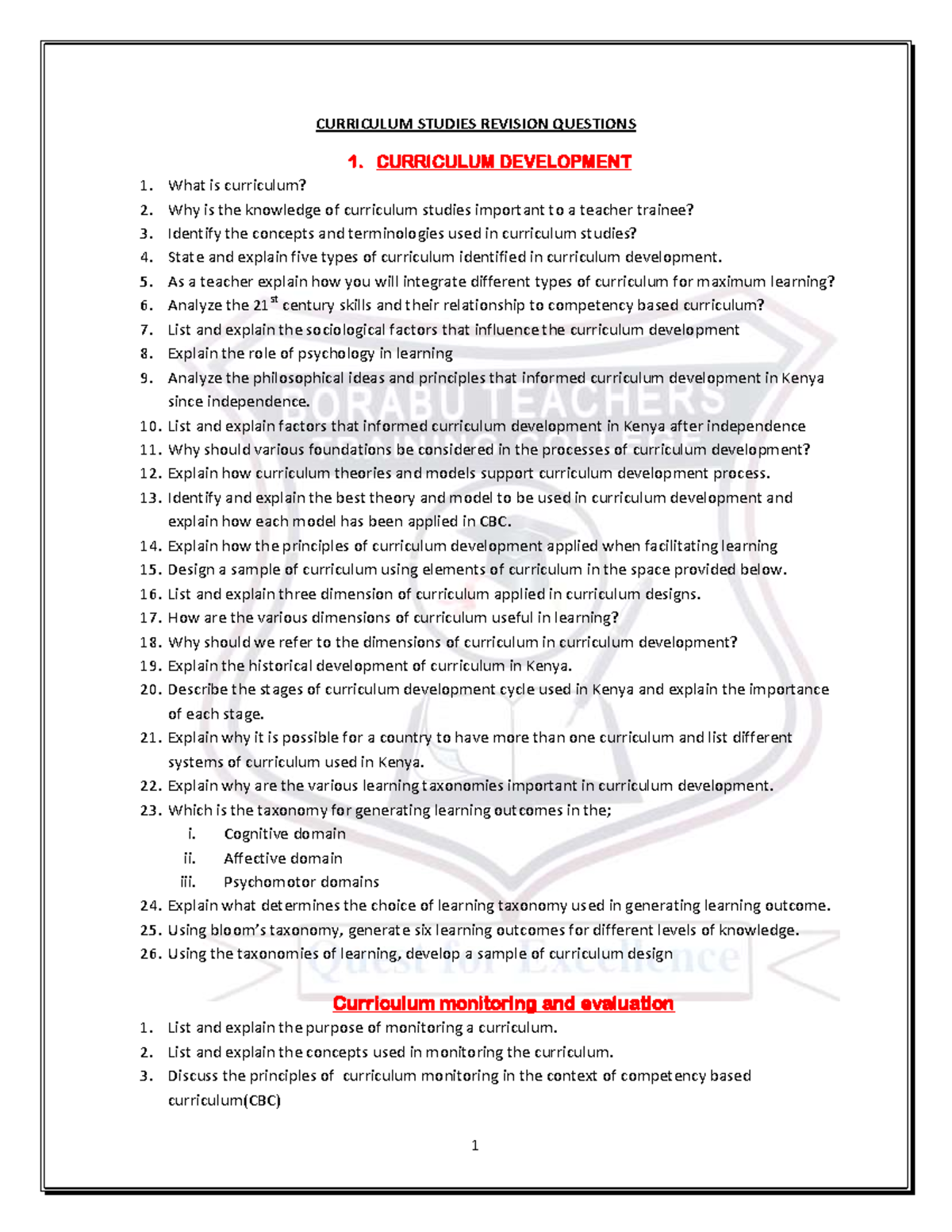 CURR 101: Comprehensive Revision Questions for Curriculum Studies - Studocu