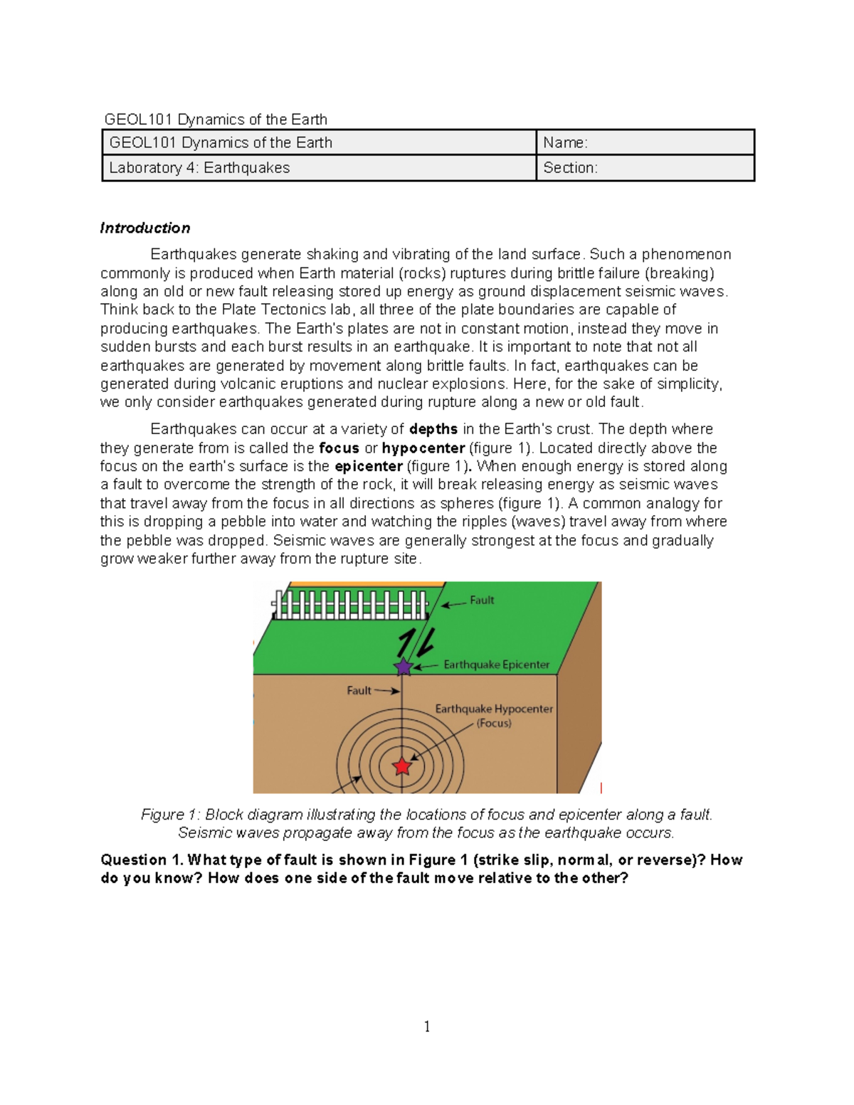 GEOL101 Lab 4: Understanding Earthquakes and Seismic Waves - Studocu