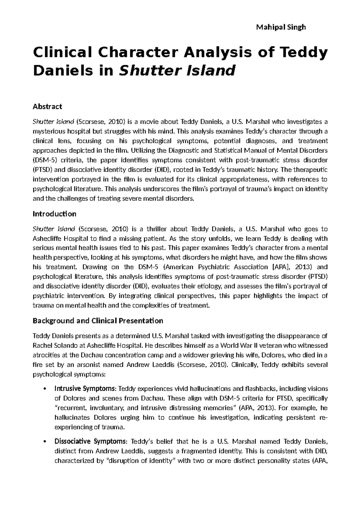 Clinical Character Analysis of Teddy Daniels in Shutter Island: A ...