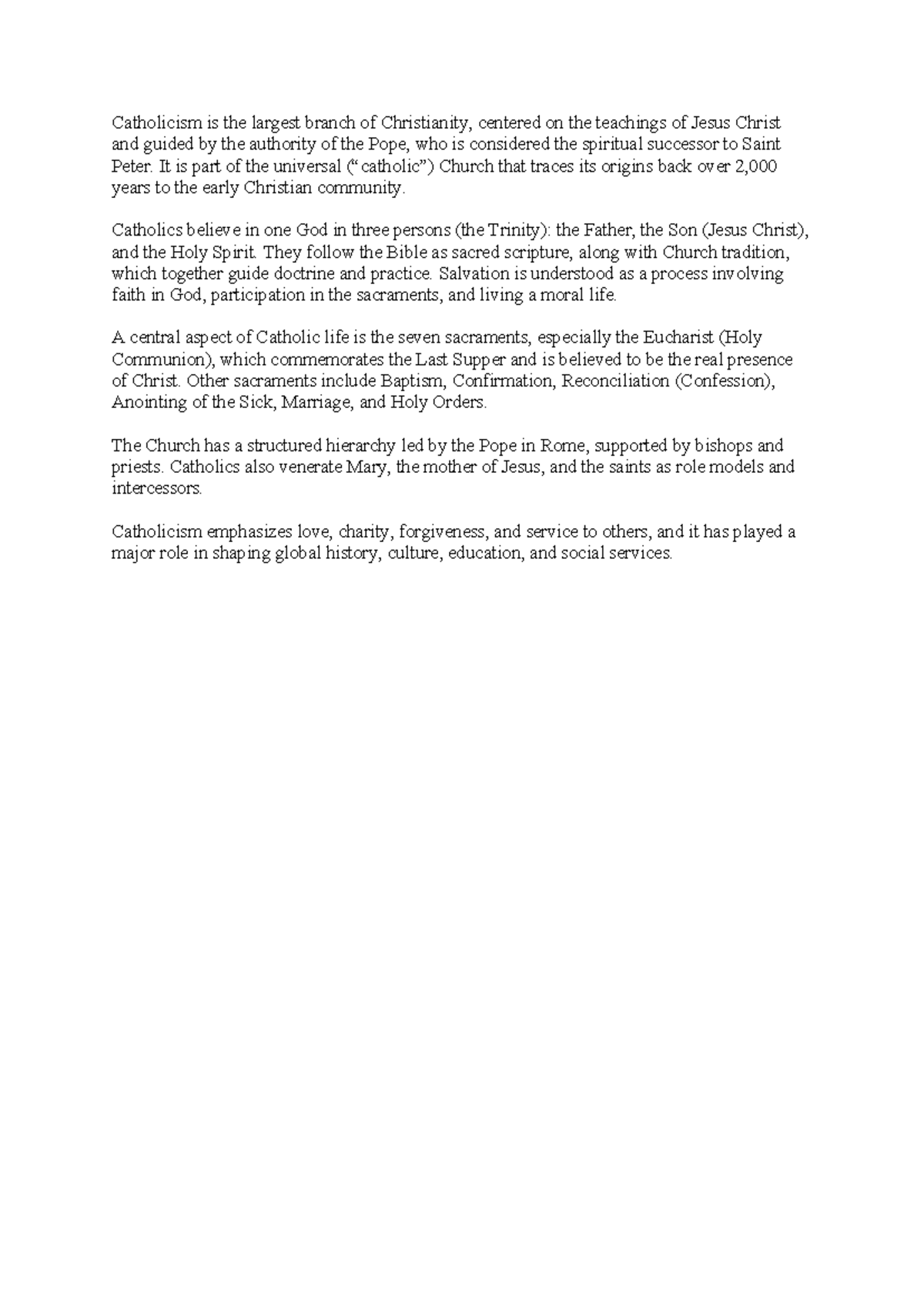 Catholicism Overview: Key Beliefs and Practices Summary - Studocu