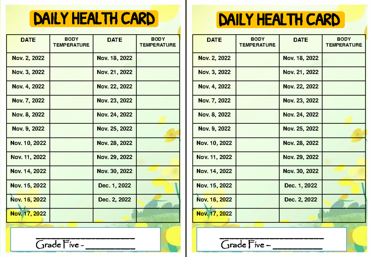 Health-CARD-1 - sample health card - DAILY HEALTH CARD DAILY HEALTH ...