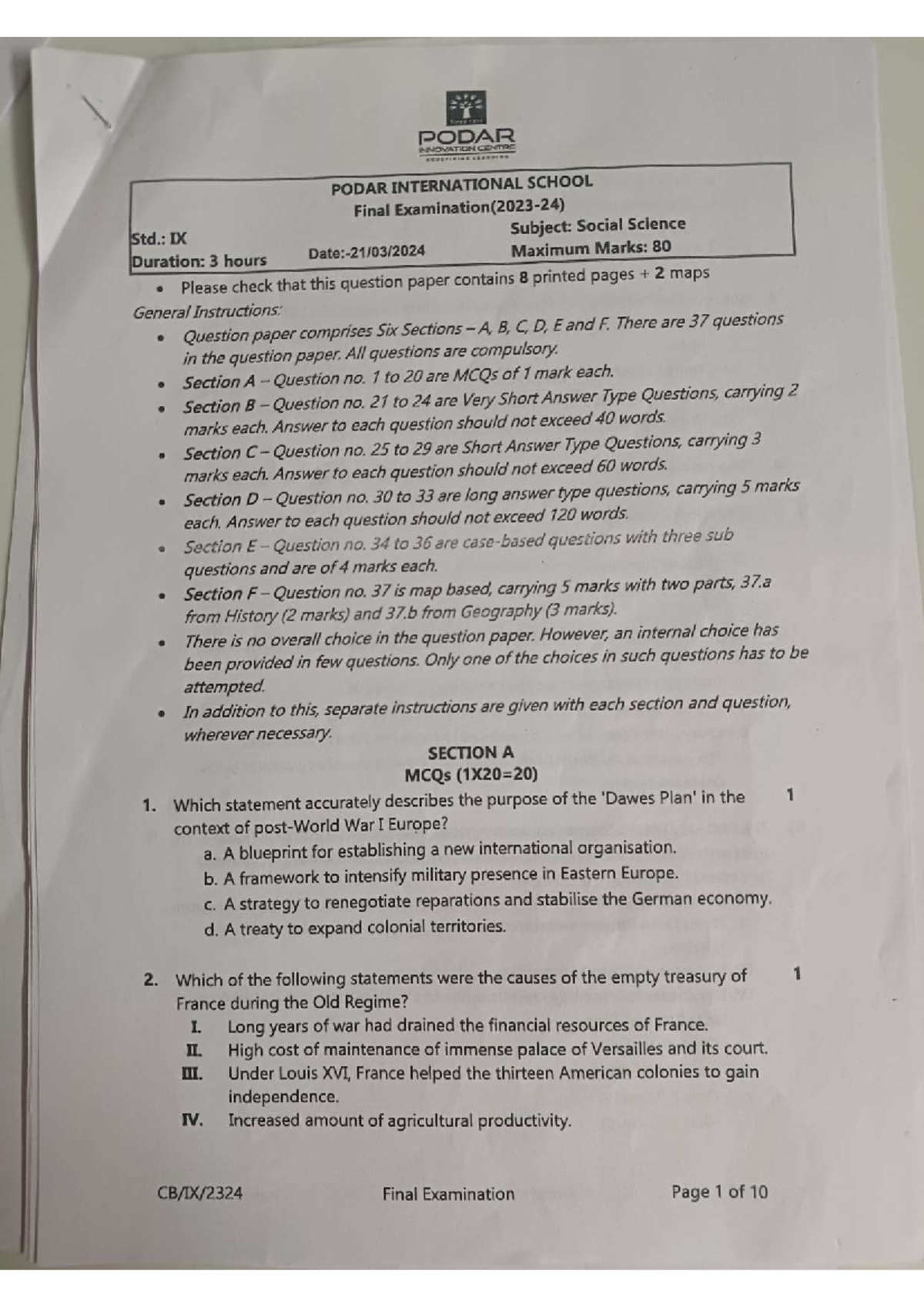 PODAR INTERNATIONAL SCHOOL Final Exam: Social Science Std. IX Question ...