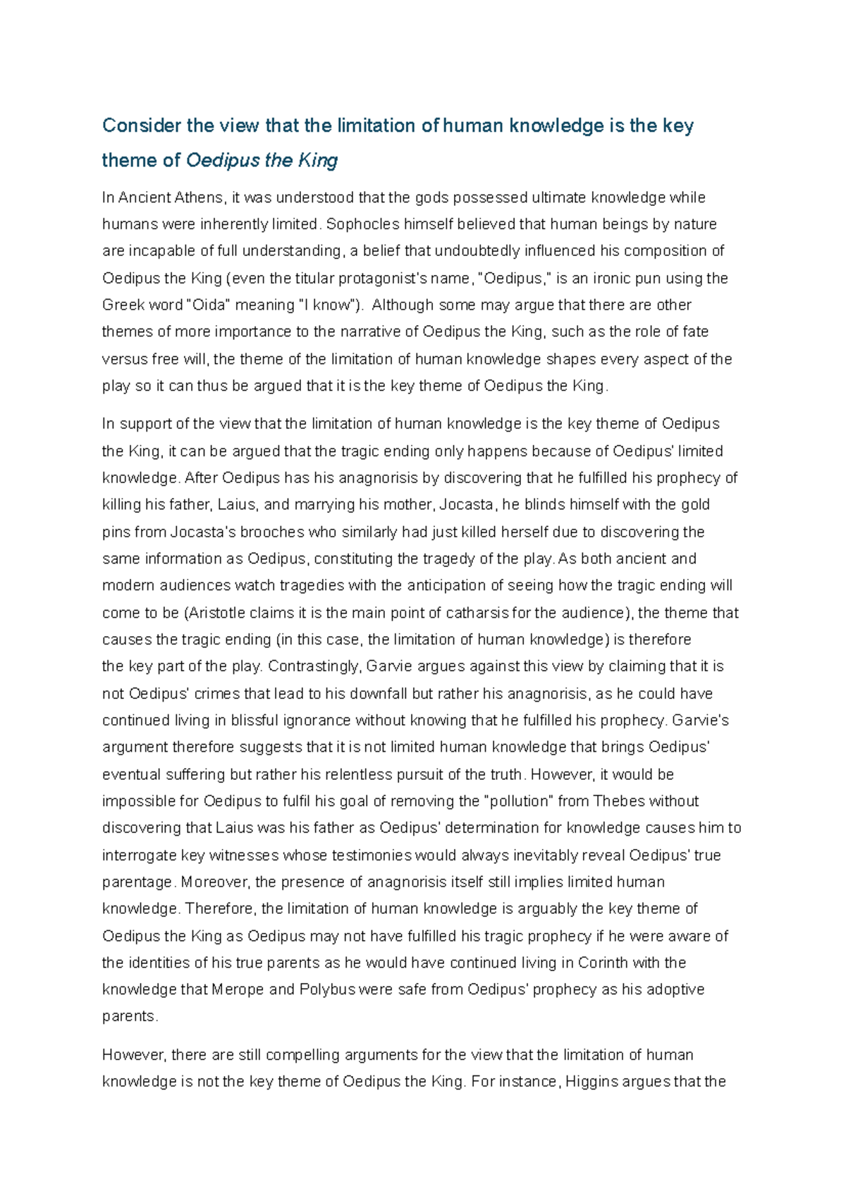 Oedipus the King: 30/30 Essay Analysis of Human Knowledge Limits - Studocu