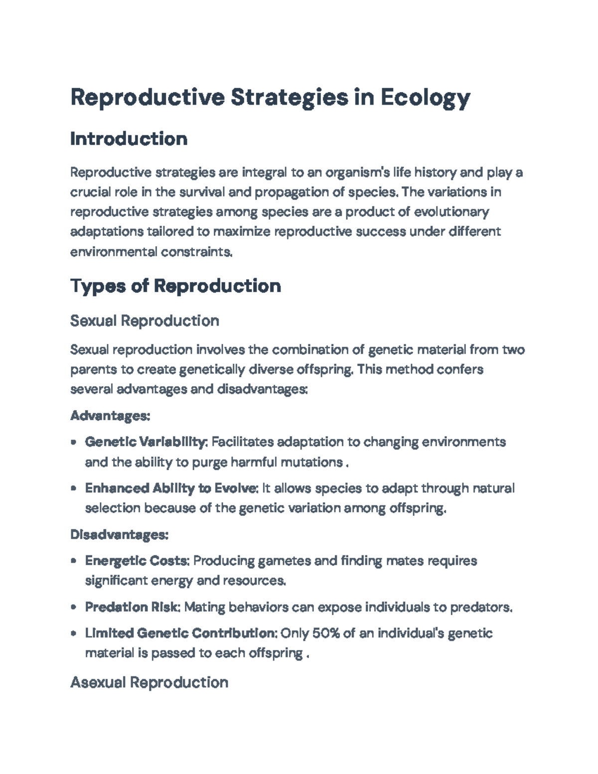 Reproductive Strategies in Ecology: Costs, Variations, and Adaptations ...