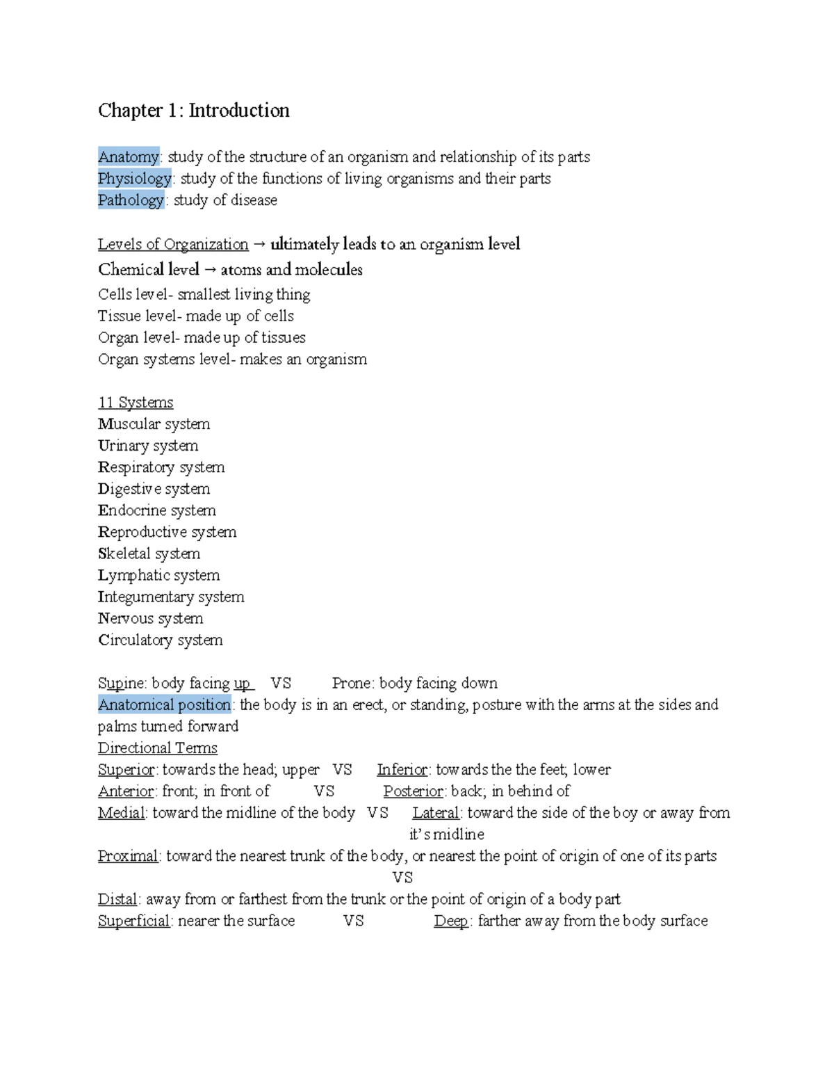 Anatomy Ch1 - Lecture and text notes. - Anatomy Ch1- INTRO TO THE BODY ...