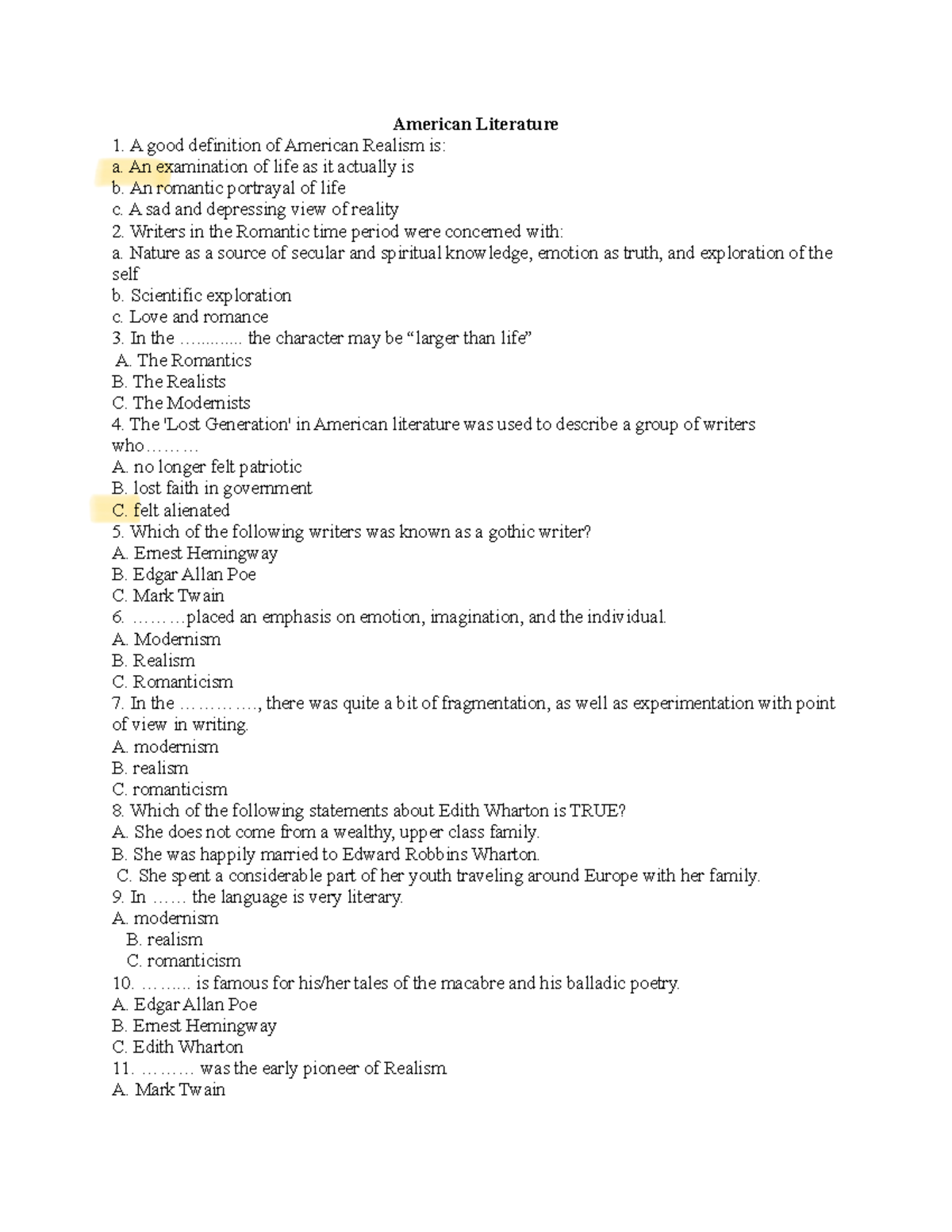 American Literature 1: Key Concepts and Writers Review Guide - Studocu