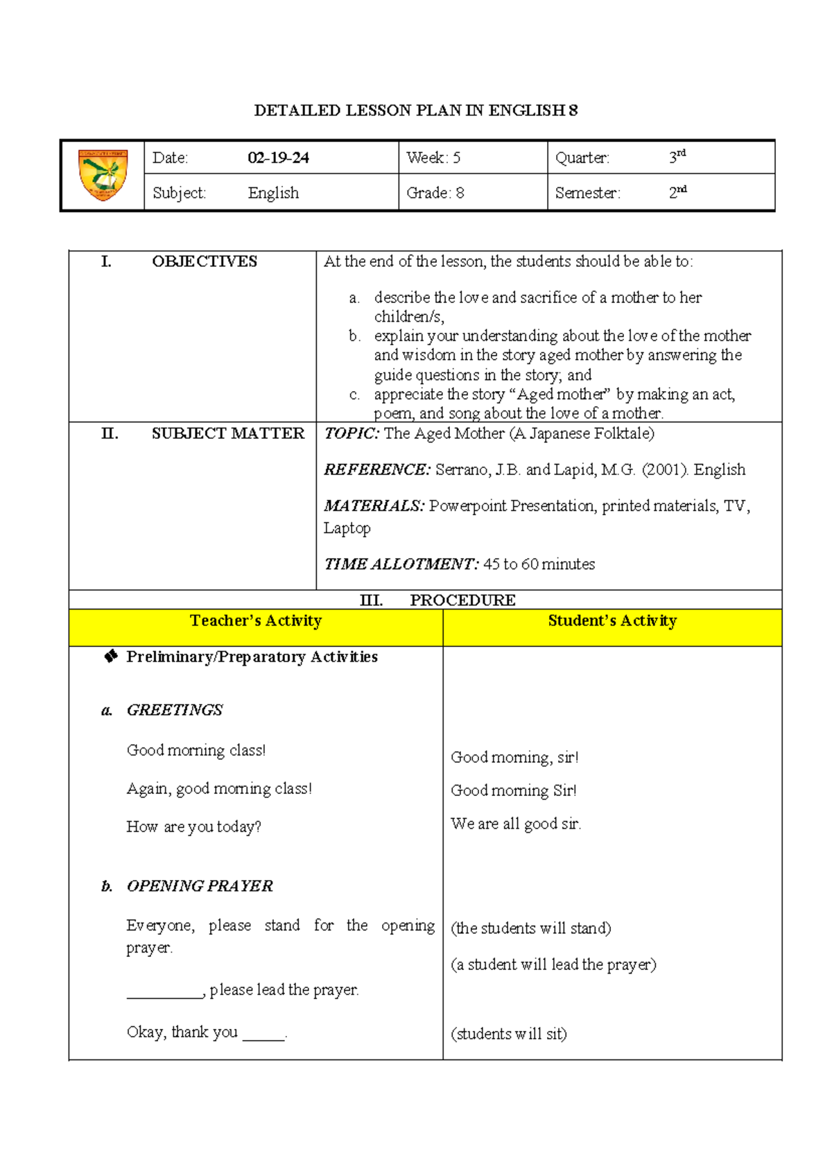 Detailed Lesson Plan for English 8: The Aged Mother Story - Studocu