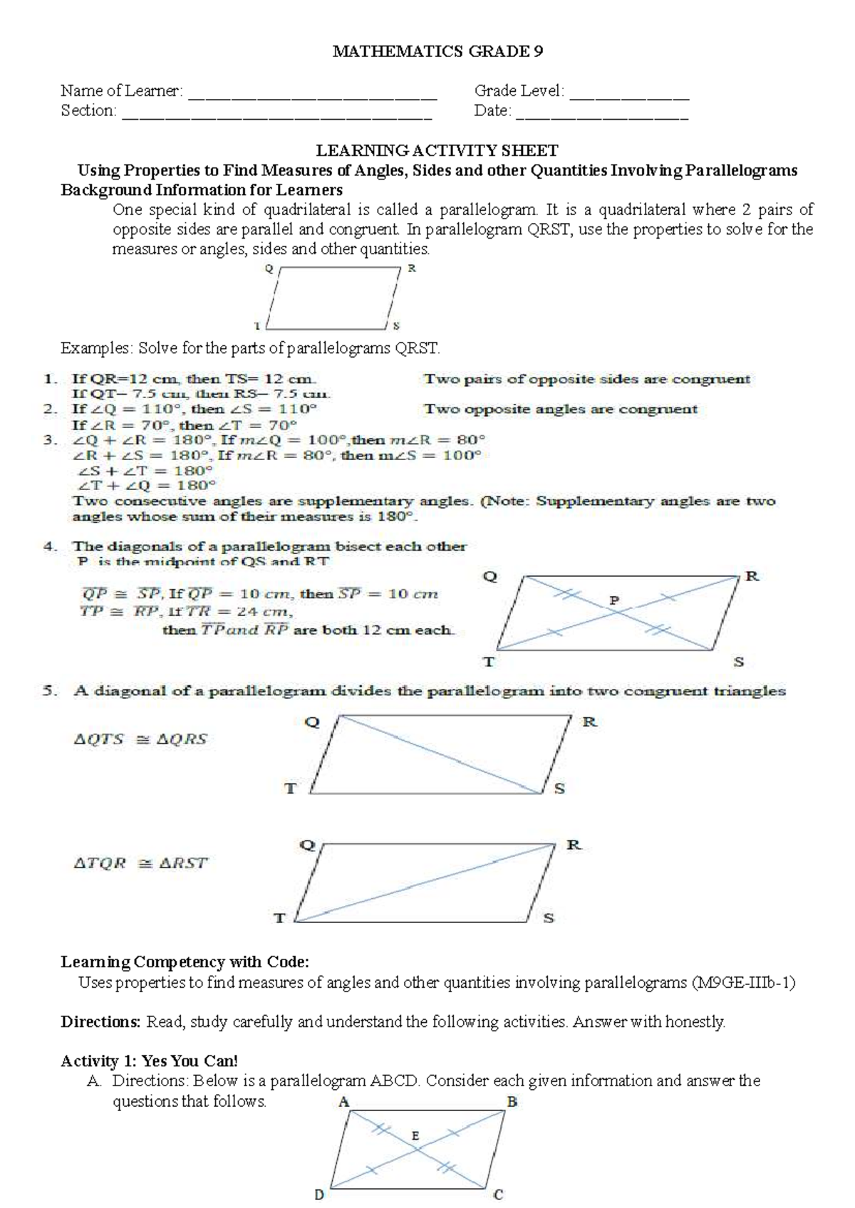 MATH 9 LAS: Understanding Properties of Parallelograms and Angles - Studocu