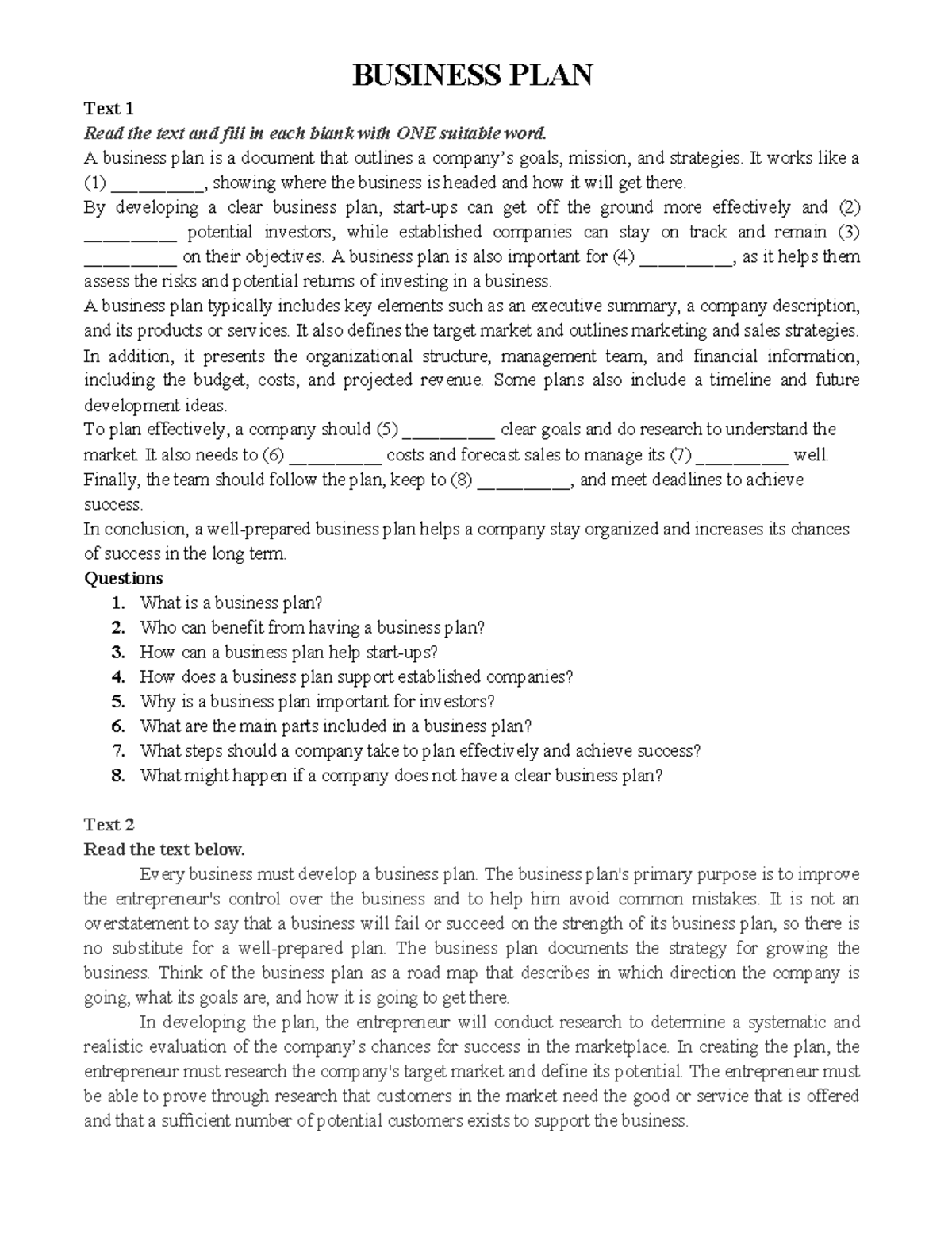 BUSINESS PLAN - Key Elements and Importance for Success - Studocu