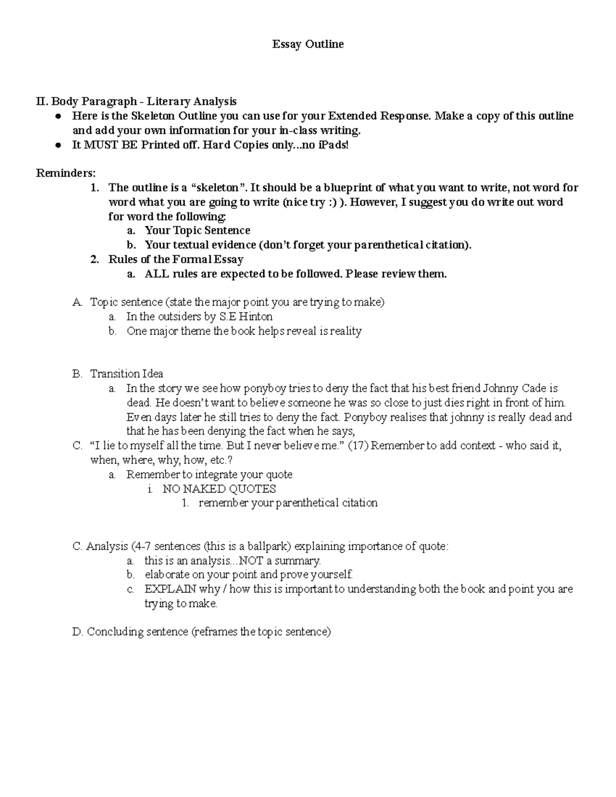 Copy of Essay outline - Essay Outline II. Body Paragraph - Literary ...