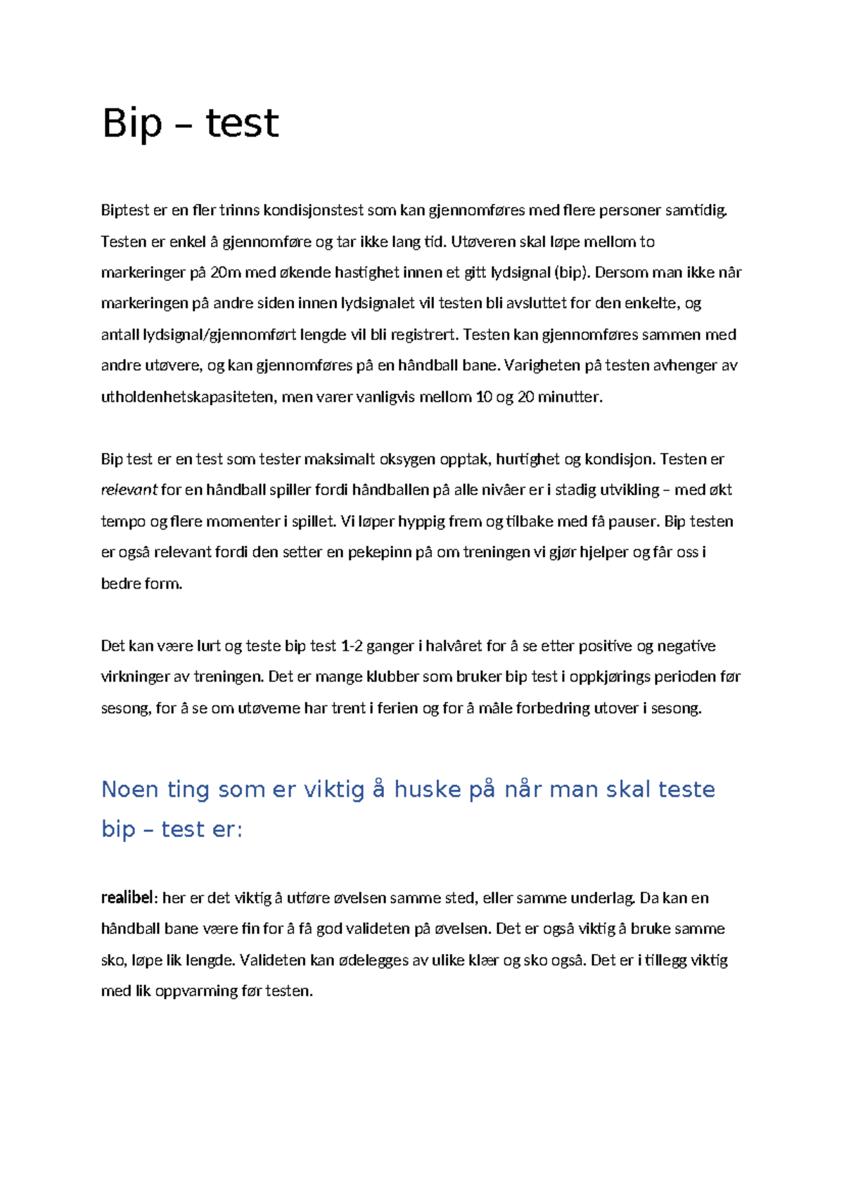 BIP Test Oppgave: En Guide til Kondisjonstest i Håndball - Studocu