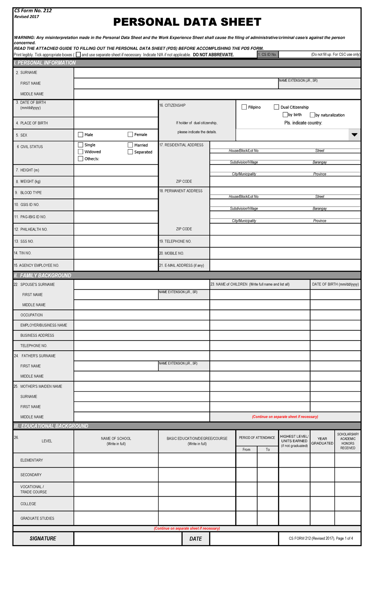 Main cs-form-212-personal-data-sheet-philippines - Print legibly. Tick appropriate boxes ( ) and ...