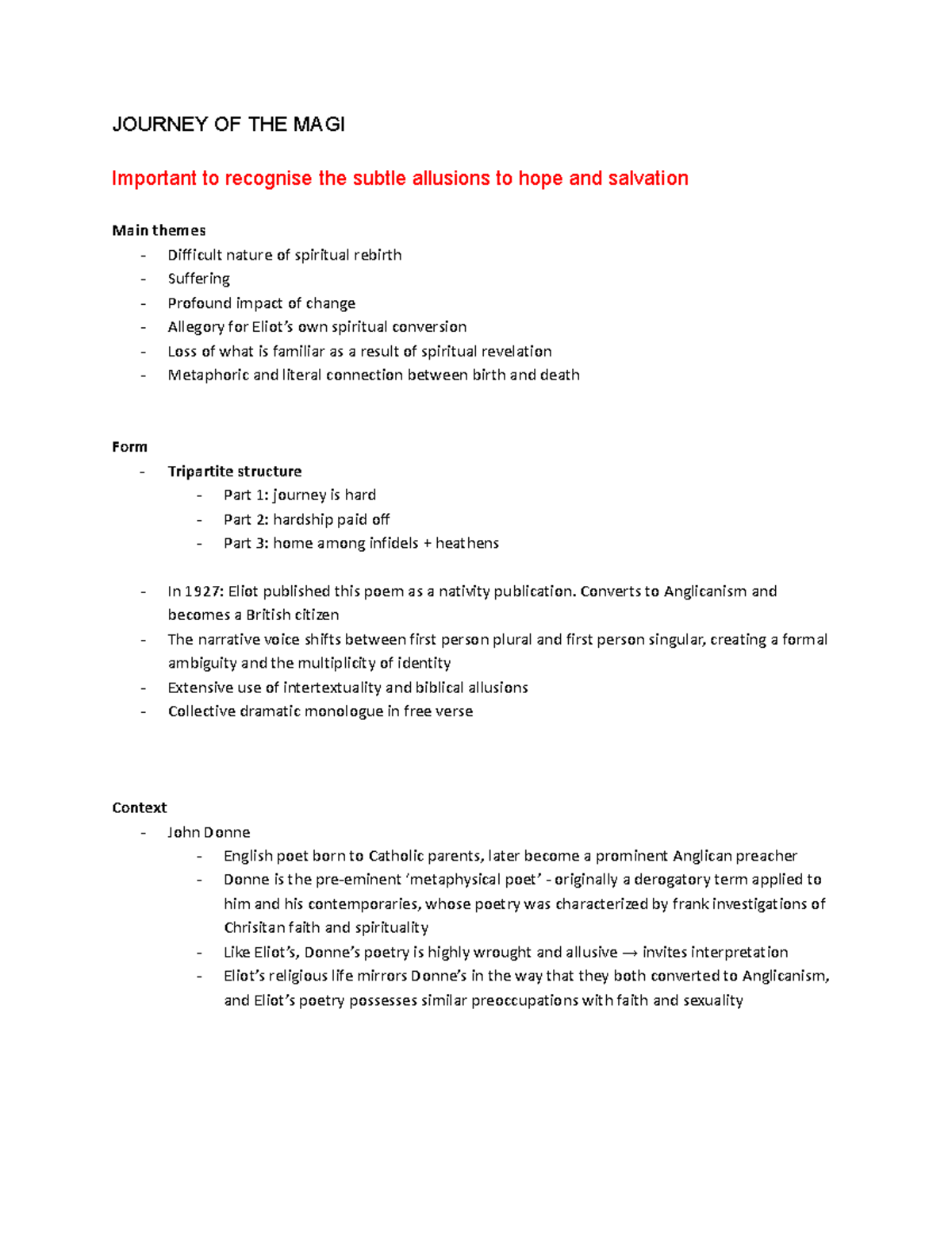 JOURNEY OF THE MAGI - Analysis and Themes Notes - Studocu
