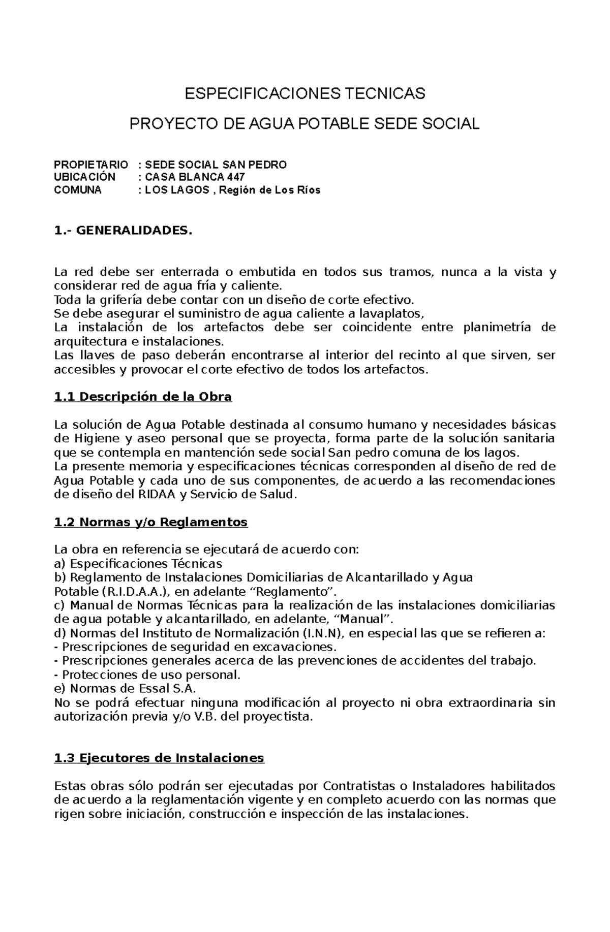 EETT Memoria CON Medidor - ESPECIFICACIONES TECNICAS PROYECTO DE AGUA POTABLE SEDE SOCIAL - Studocu