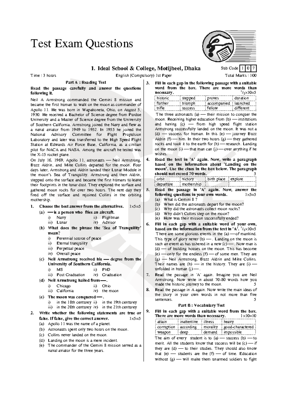 SSC 1st Paper Model Test Questions: English (Compulsory) - Studocu