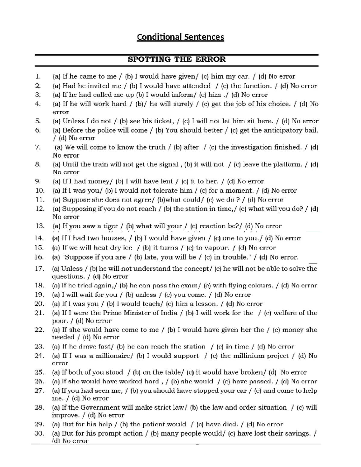 Conditional Sentences Error Spotting Exercise - Studocu