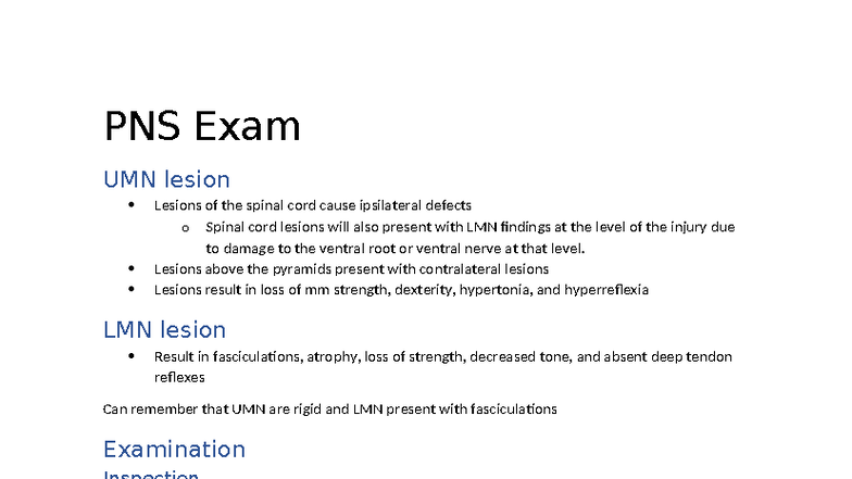 PNS Exam - Notes on UMN and LMN Lesions and Assessment Techniques - Studocu