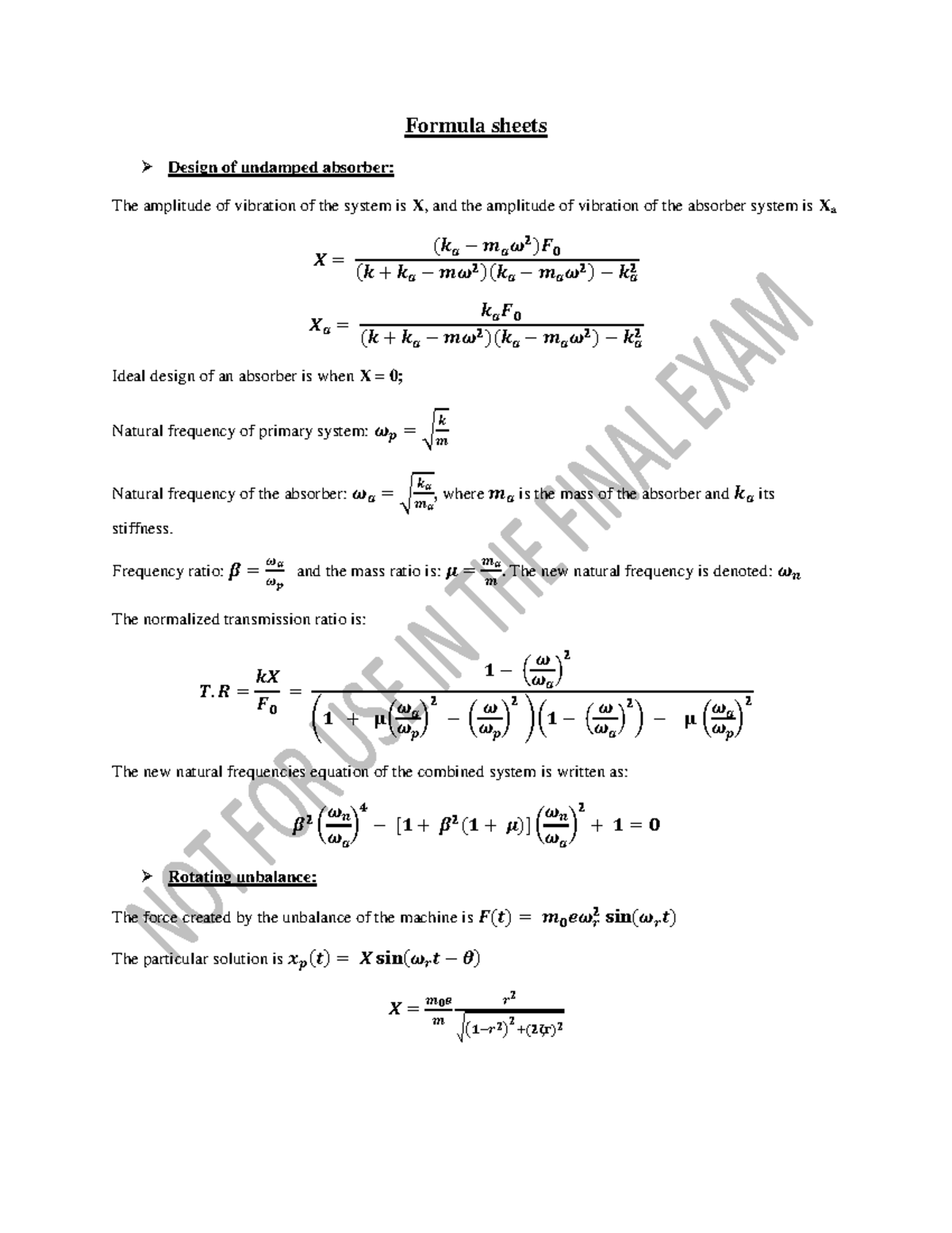 MENG530 Final Exam Formula Sheet: Undamped Absorber Design - Studocu