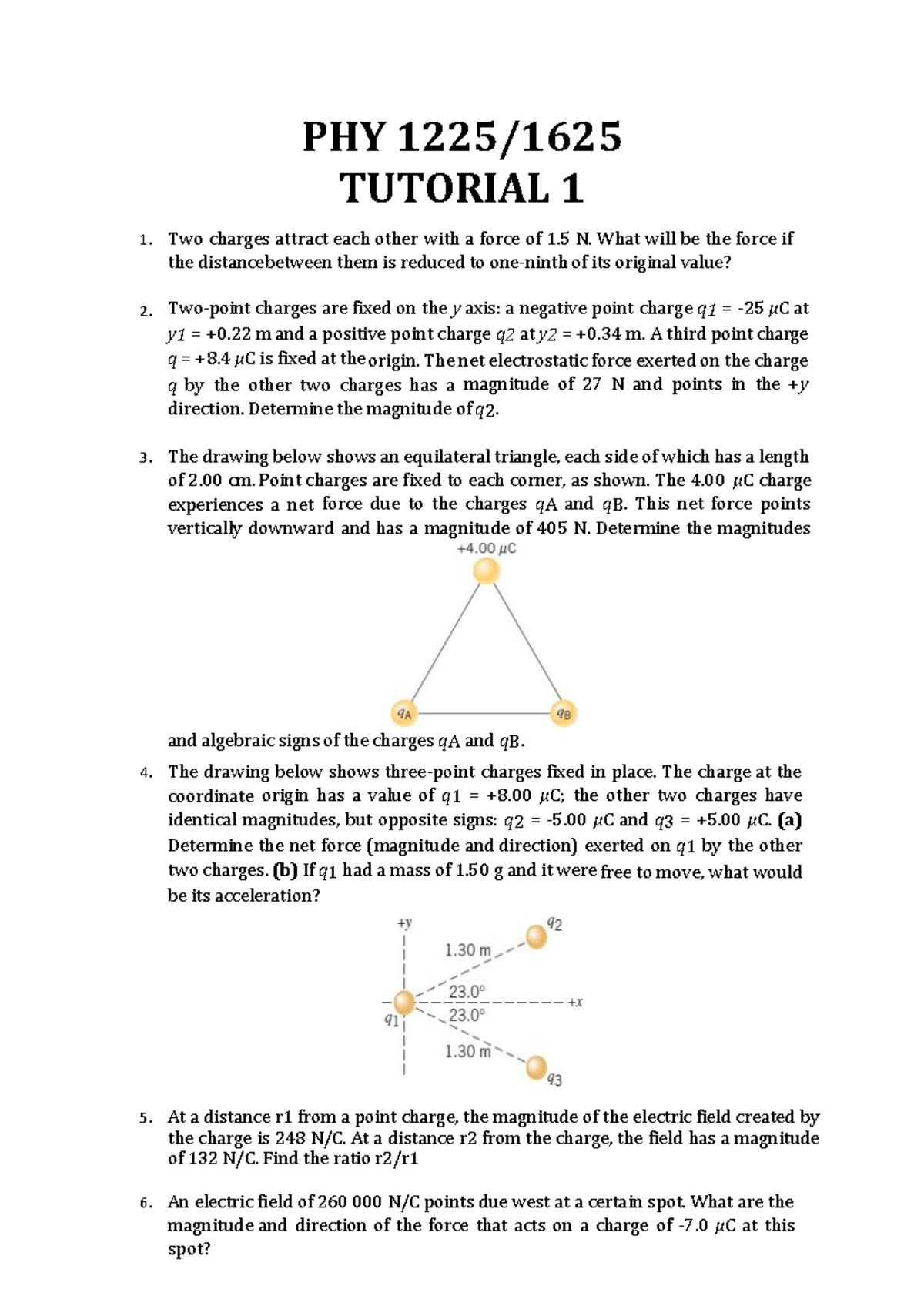 PHY 1225 Tutorial 1: Electrostatics and Electric Forces Problems - Studocu