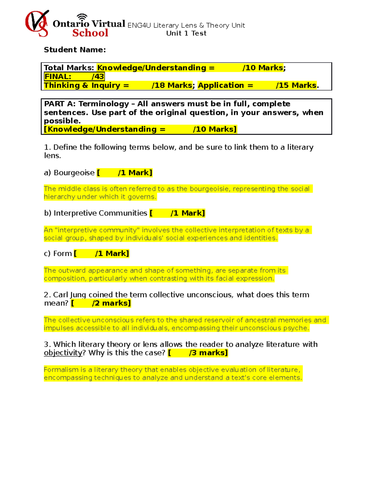 ENG4U Unit 1 Test: Literary Lens & Theory Analysis - Studocu