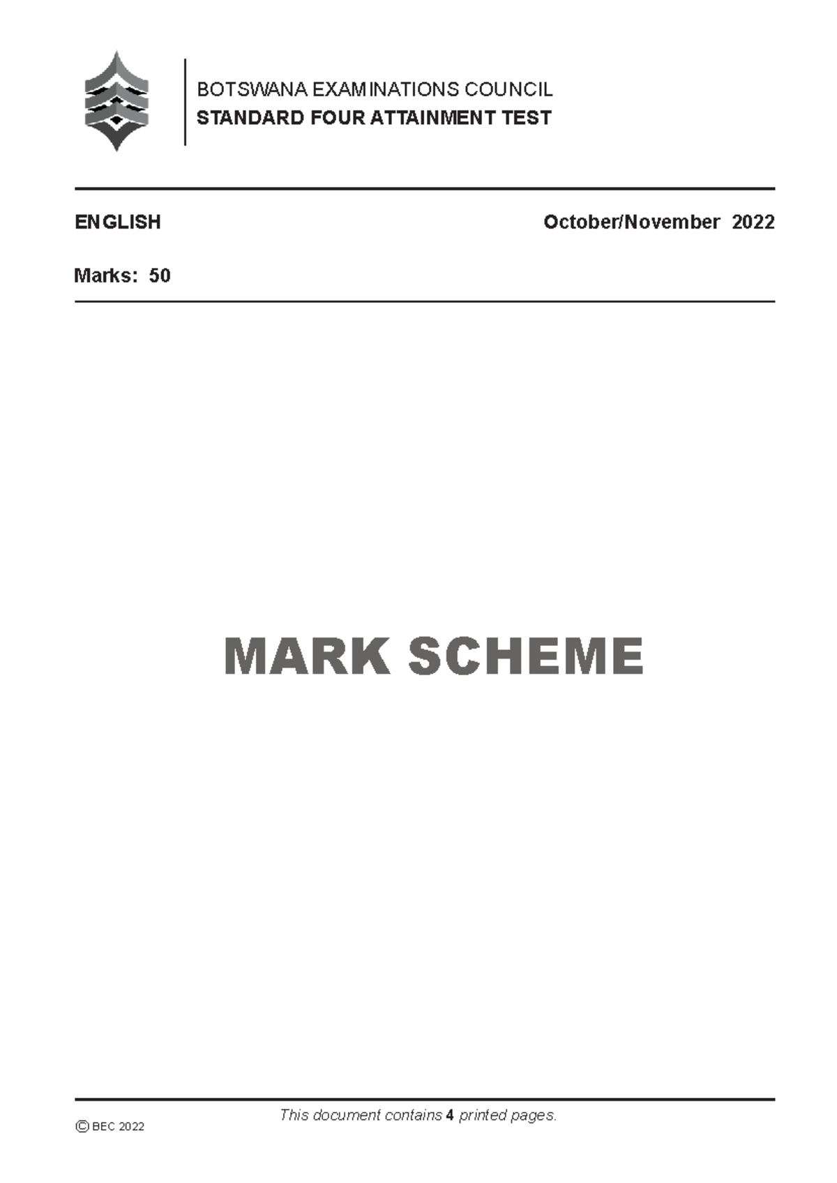 BEC 2022 Standard Four English Attainment Test Marking Scheme - Studocu
