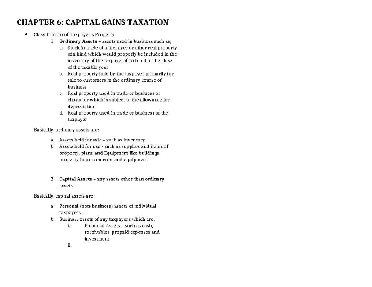 Income Taxation - CH 6: Capital Gains Taxation Overview - Studocu