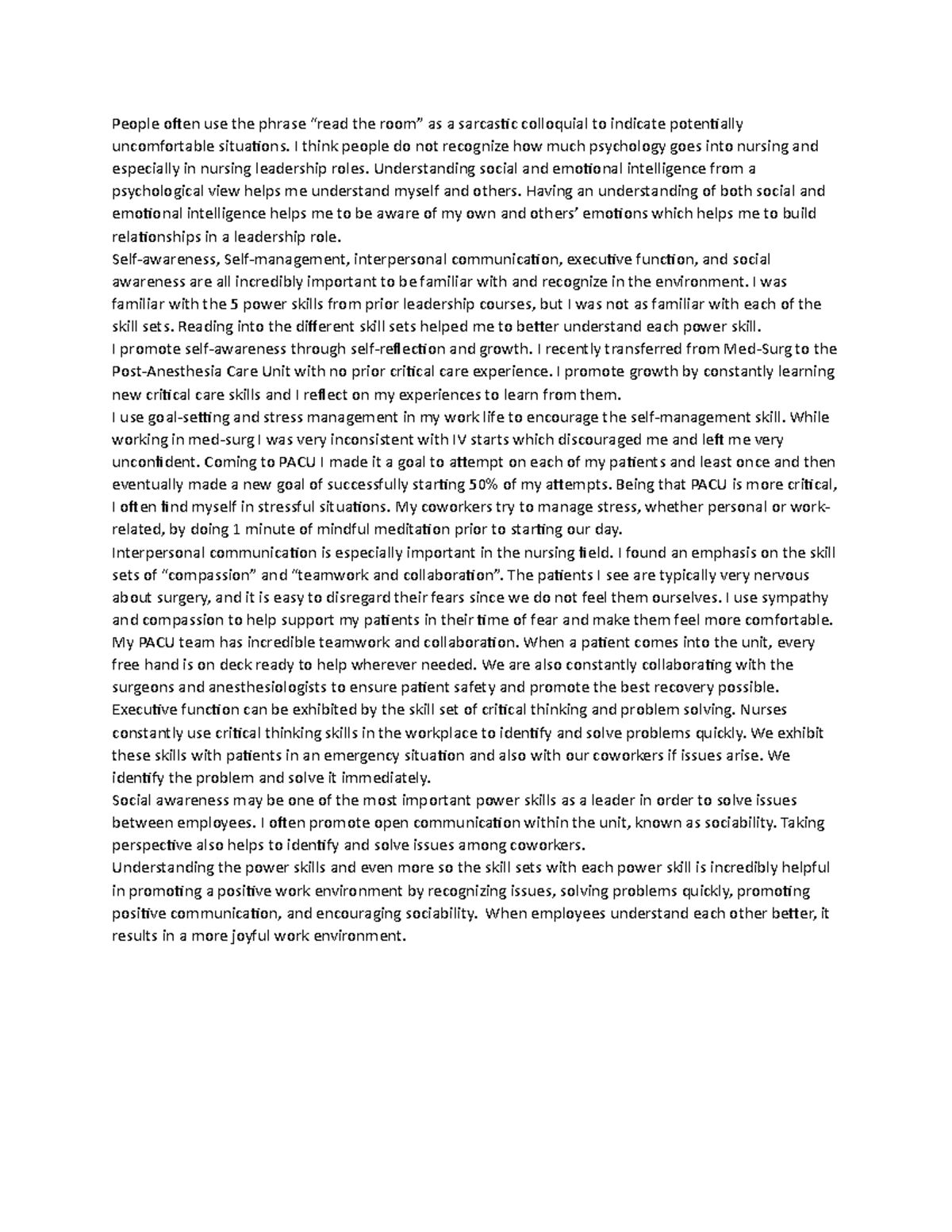 D024 Phase 2 Reflection Summary - People often use the phrase “read the room” as a sarcastic ...