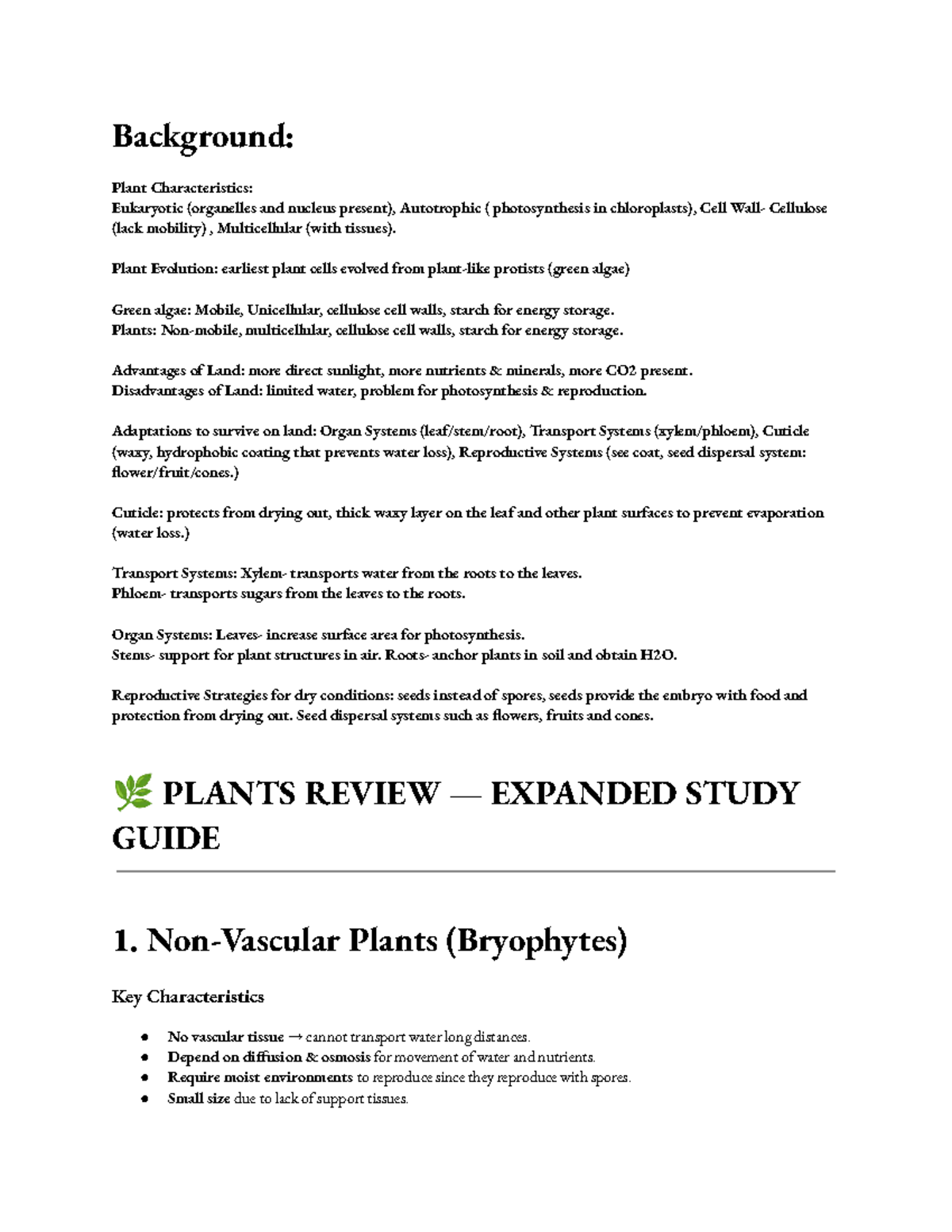 Plants Unit Test Review: Key Characteristics and Adaptations - Studocu