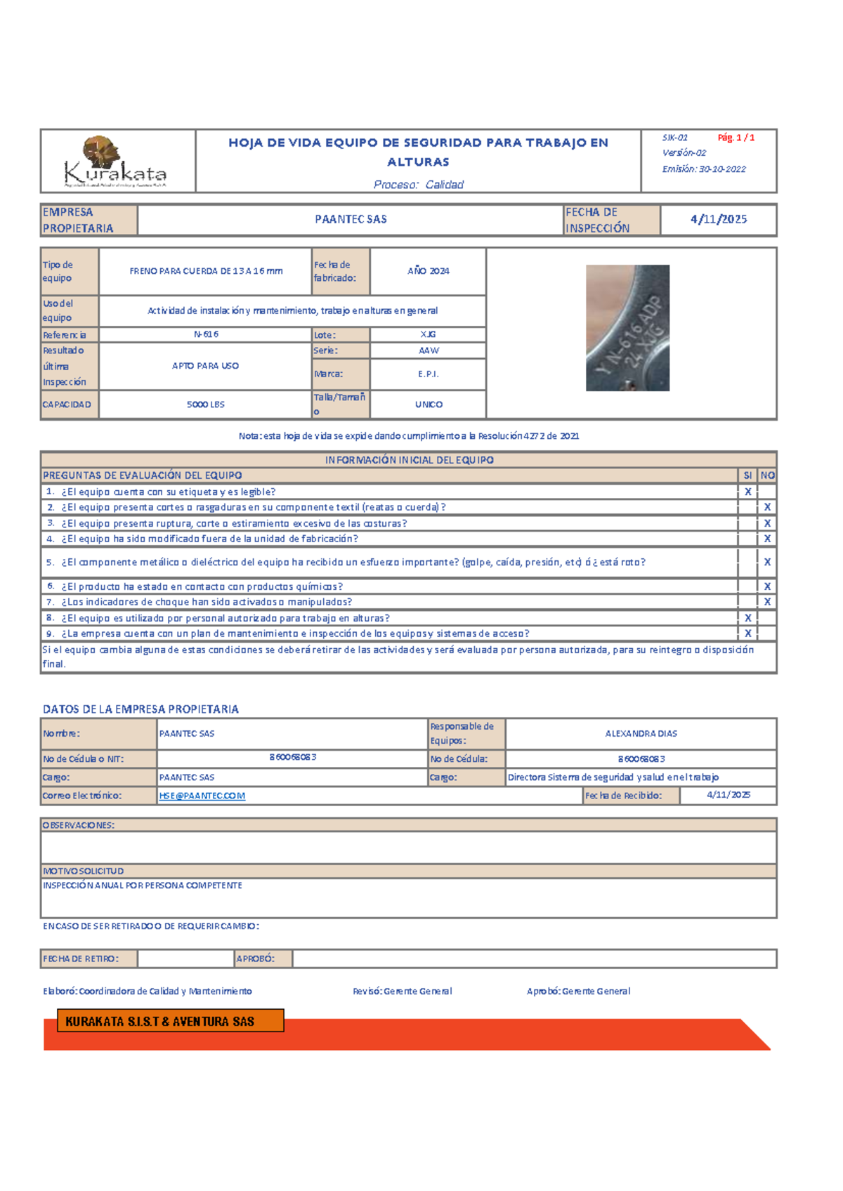 Inspección de Arrestador de Cuerda para Trabajo en Alturas - PAANTEC ...