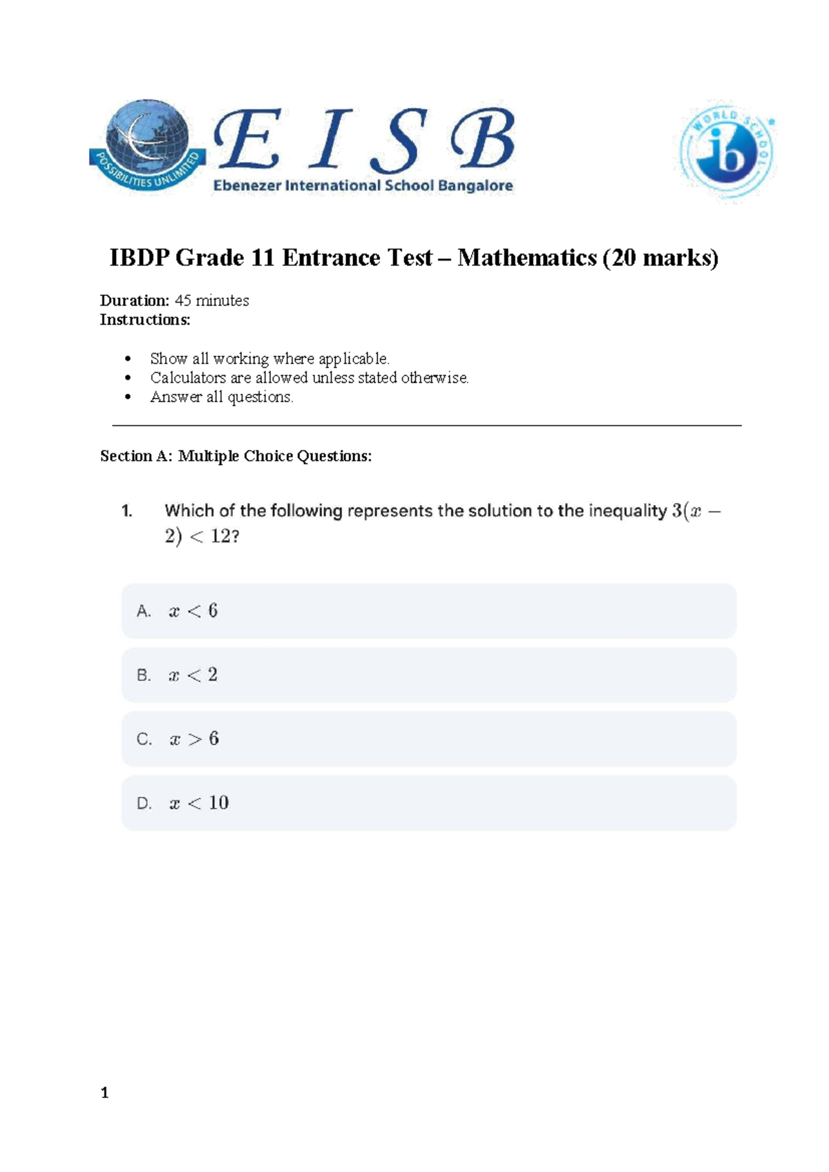 IBDP Grade 11 NEW Entrance TEST Question Paper Mathematics - IBDP ...